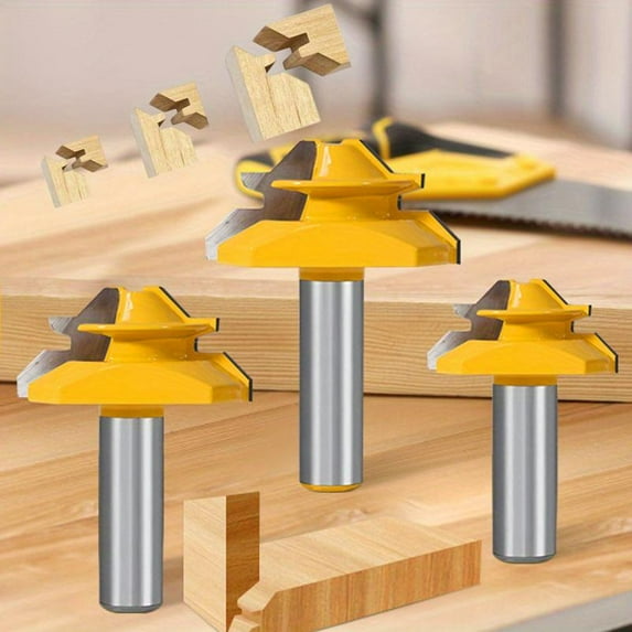 3-Piece 45 Degree Lock Miter Router Bit Set for 1/2”,5/8”,3/4” Cutting ...