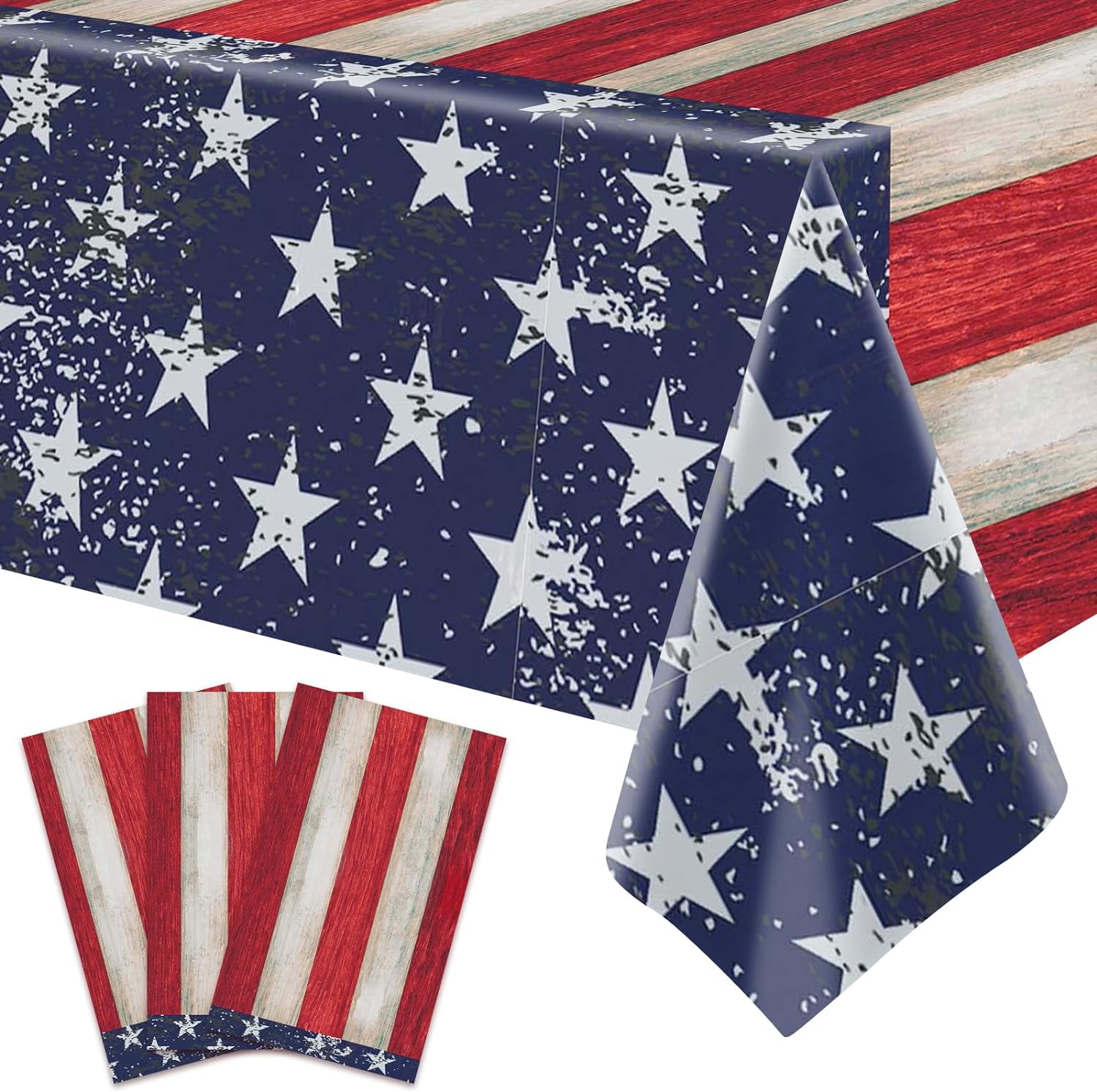 3-Piece 54 x 108 Inch American Flag Plastic Tablecloth - Vintage Stars ...