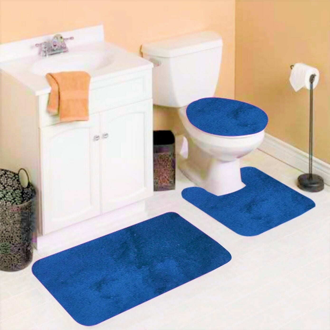 3 Piece Royal Blue Chenille Bathroom Rug Set, Anti-Slip, 1 Bath Mat, 1 ...