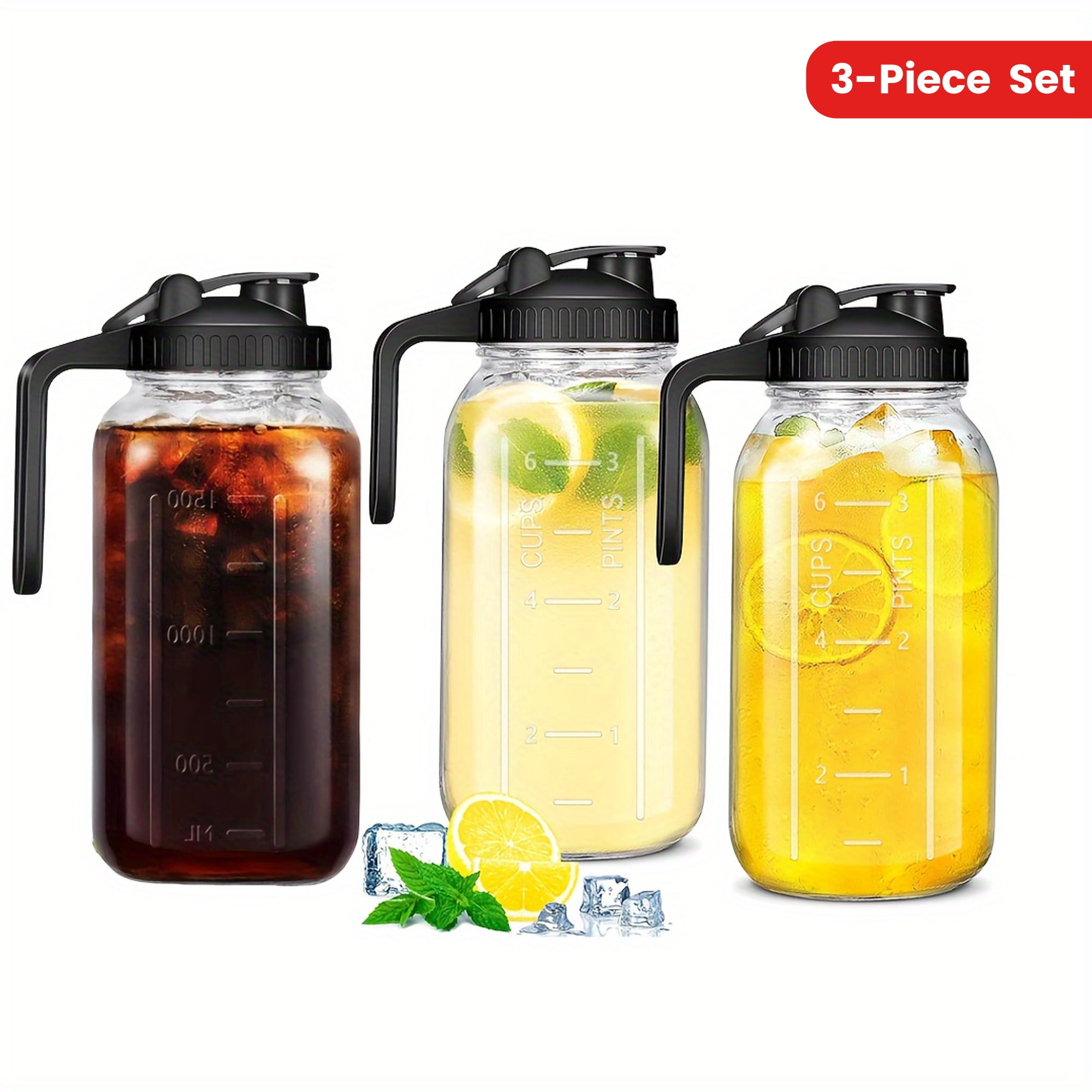 3-Piece 64oz Glass Pitcher Set With Scale Marks. With Lid And Handle ...