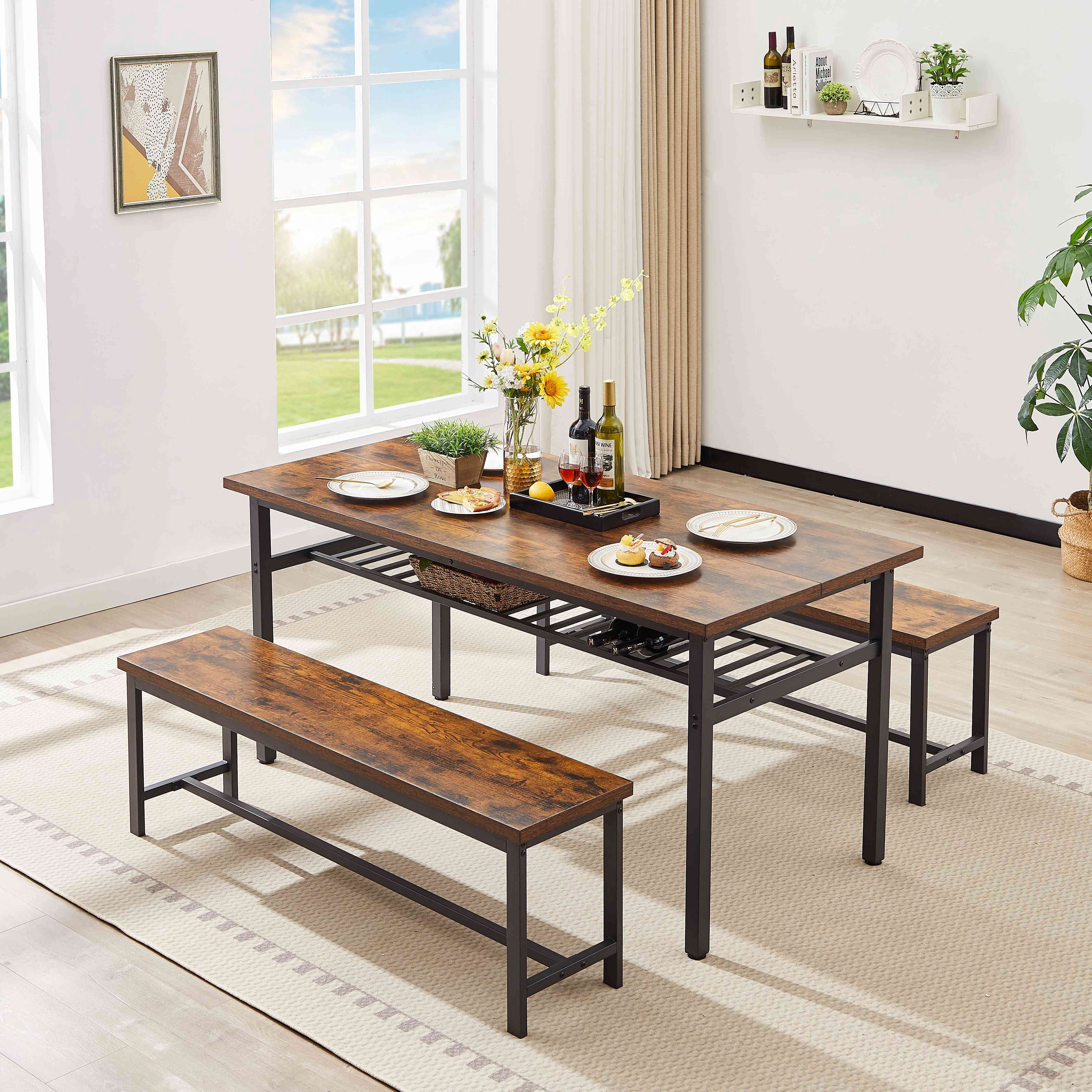 3-Piece 67 Inch Rustic Dining Table Set for 4-6, 3-Piece Kitchen Table ...