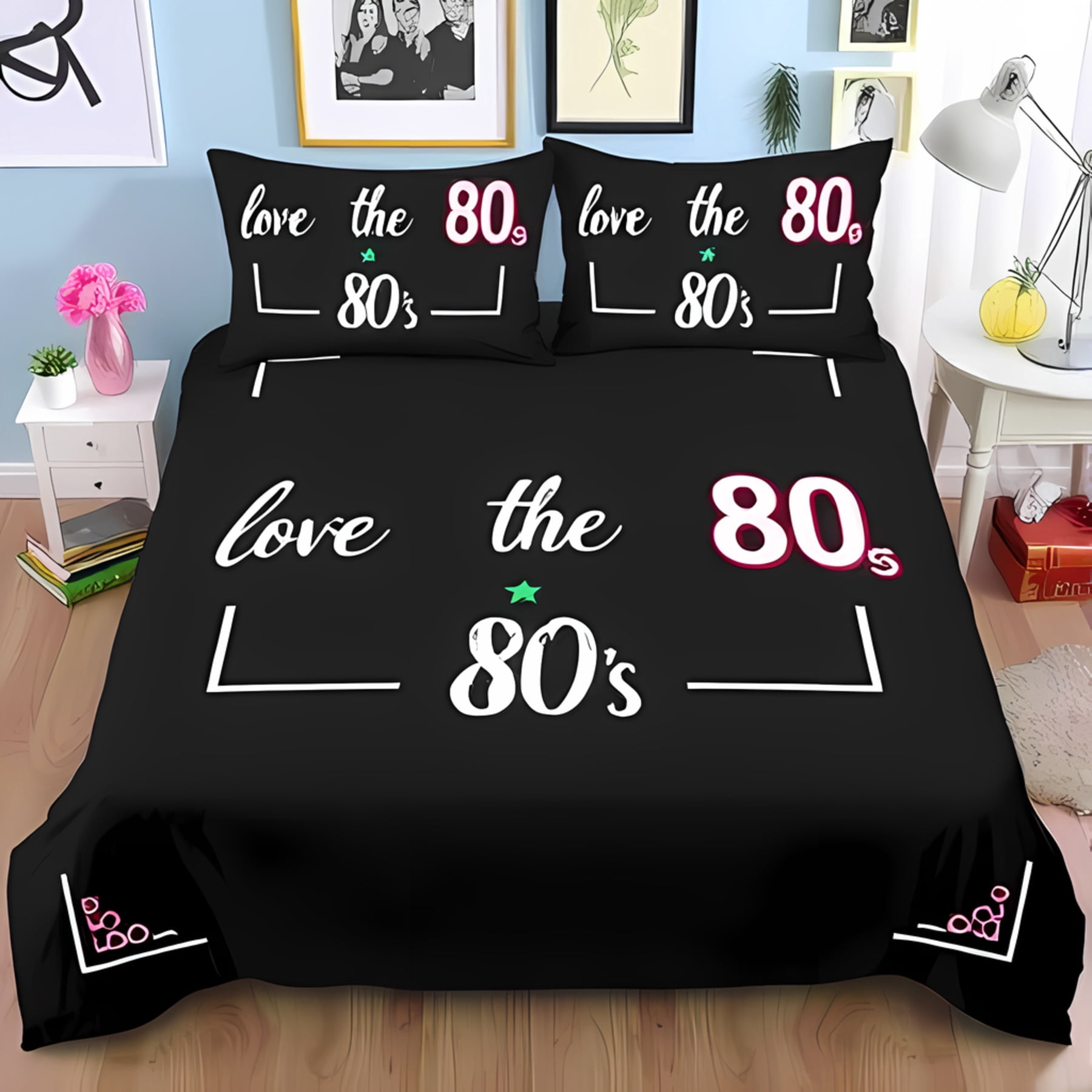 3-Piece 80s Retro Duvet Cover Set - Black with " Love the 80s " in Bold ...