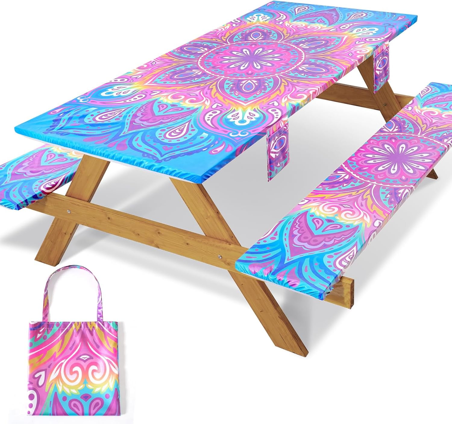 3 Piece 96x30Inch Picnic Table Cover with Bench Covers Fitted Elastic ...