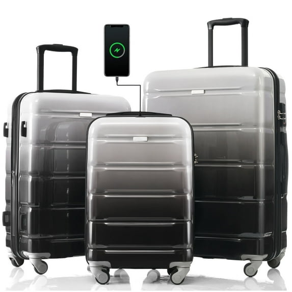 3 Piece ABS PC Luggage Set 20 USB Port Carry on Airline Certified ...
