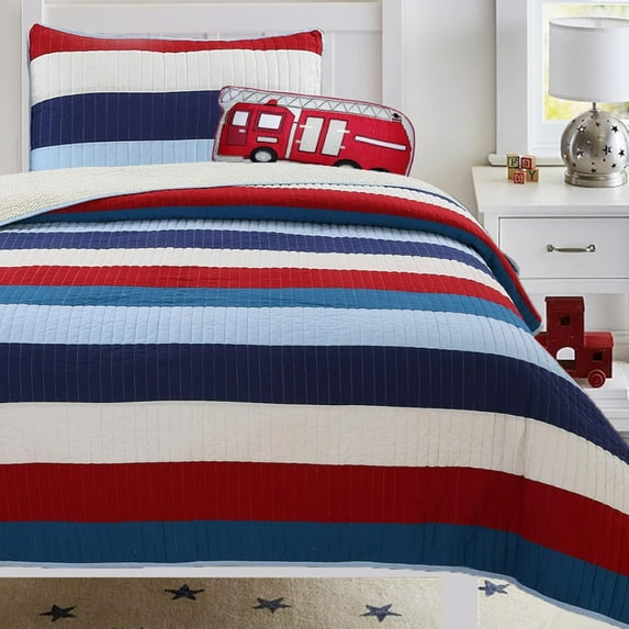 3 Piece Aaron Bedding Quilt Set Nautical Navy Blue Red Striped 100% ...