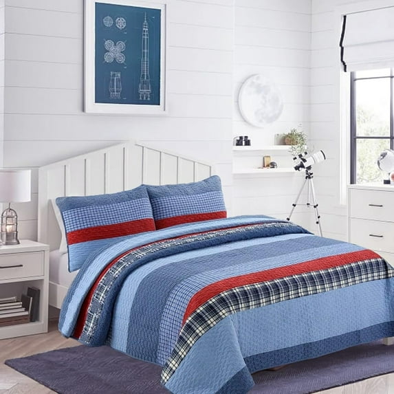 3 Piece Aaron Bedding Quilt Set Nautical Navy Blue Red Striped 100% ...