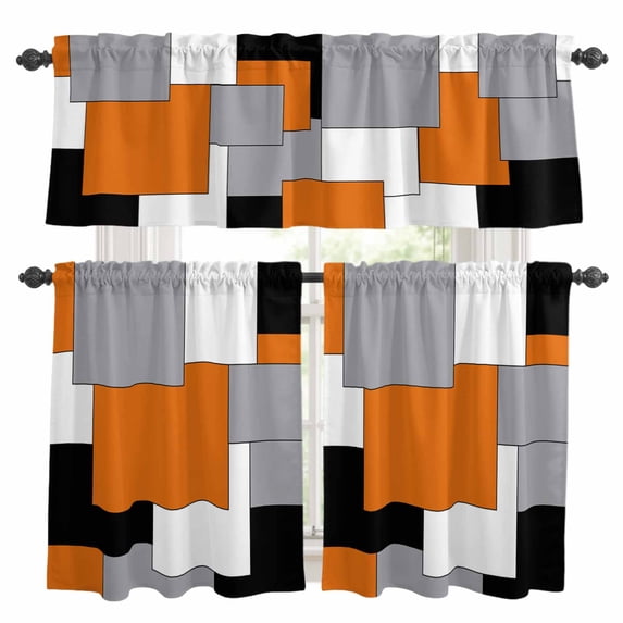 3 Piece Abstract Art Kitchen Curtain Valance and Tiers Set Orange Black ...