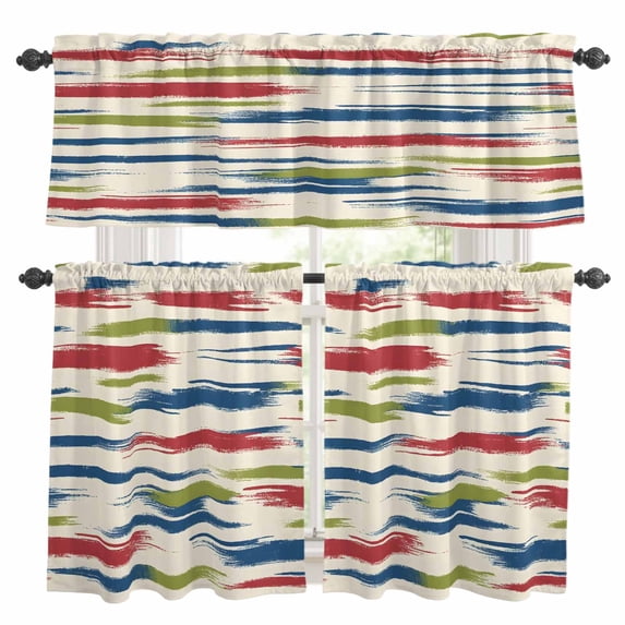3 Piece Abstract Art Kitchen Curtain Valance and Tiers Set Red Blue ...