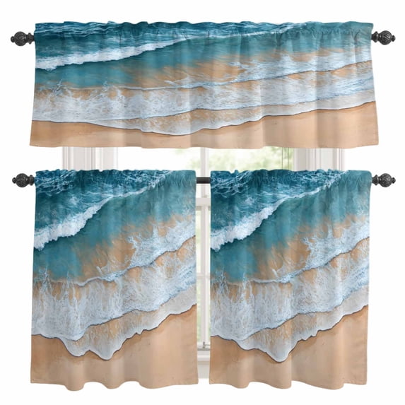 3 Piece Abstract Beach Wave Kitchen Curtain Valance and Tiers Set ...