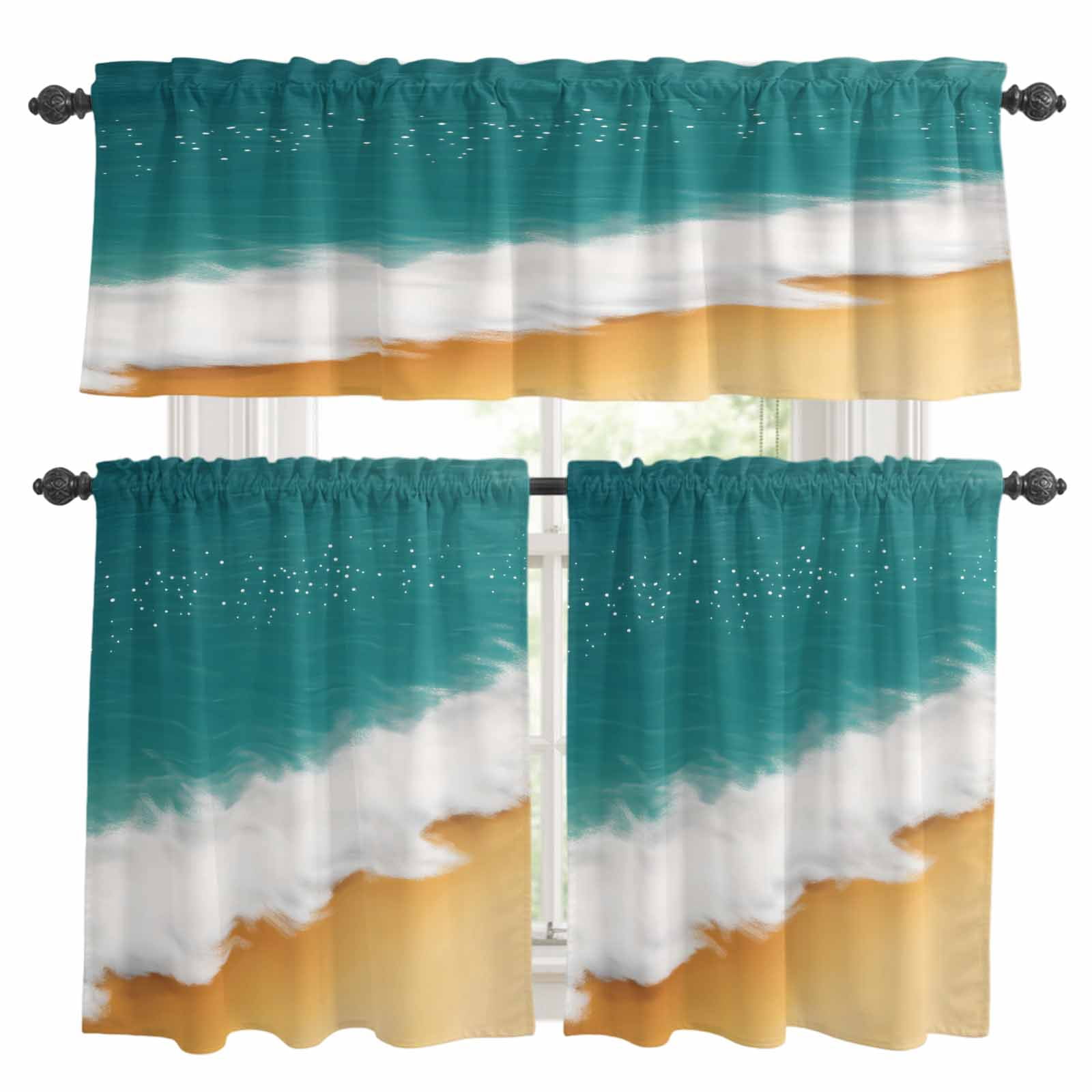 3 Piece Abstract Beach Waves Kitchen Curtain Valance and Tiers Set Blue ...