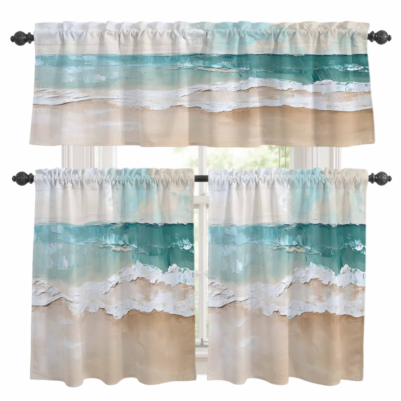 3 Piece Abstract Beach Waves Kitchen Curtain Valance and Tiers Set ...