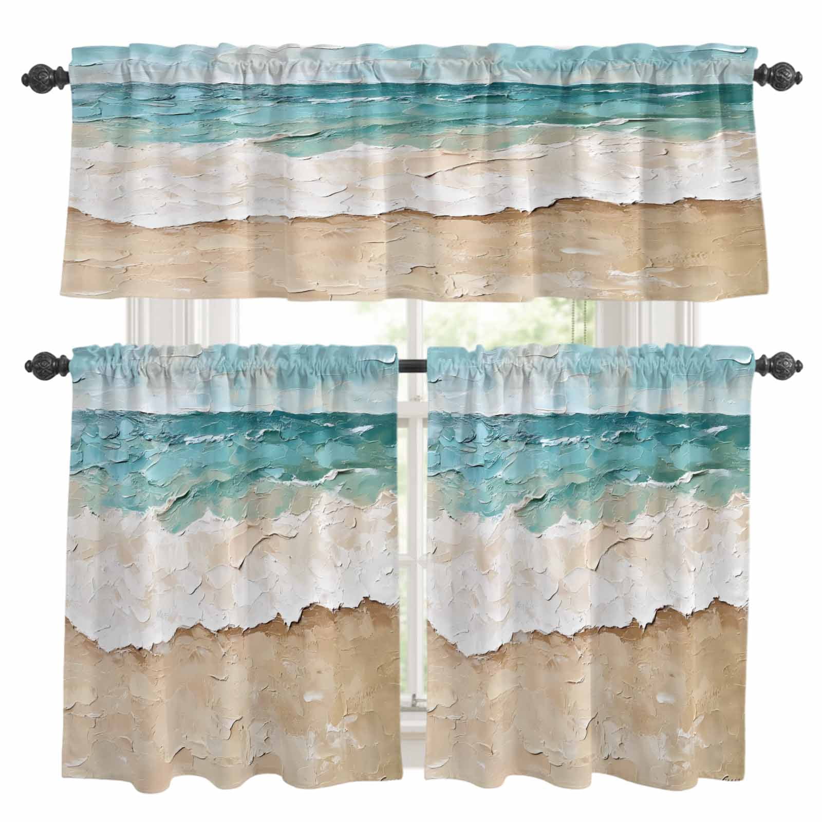 3 Piece Abstract Beach Waves Kitchen Curtain Valance and Tiers Set ...