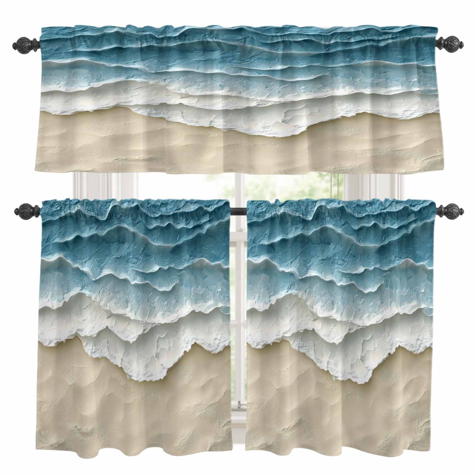 3 Piece Abstract Beach Waves Kitchen Curtain Valance and Tiers Set ...