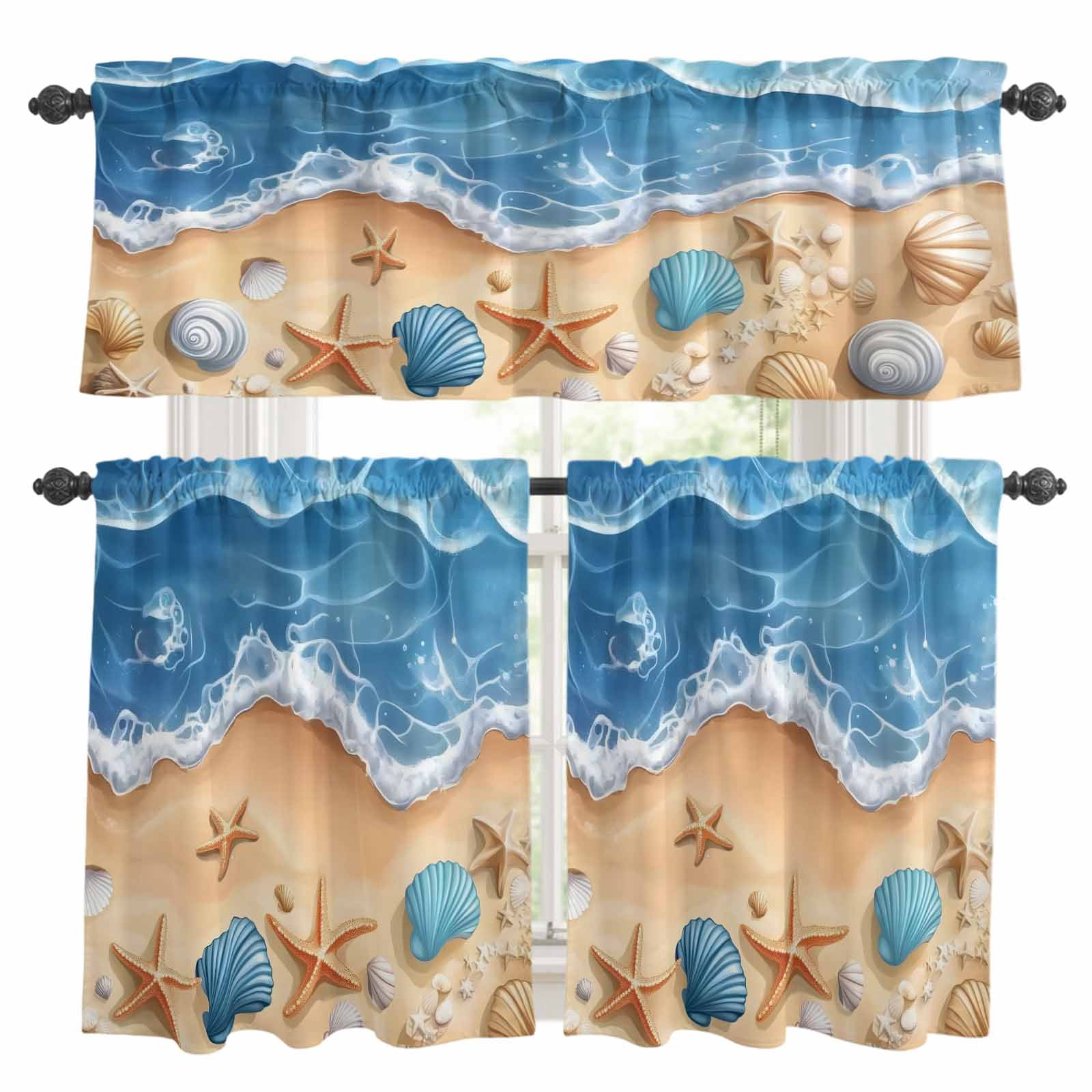 3 Piece Abstract Blue Kitchen Curtain Valance and Tiers Set Beach ...
