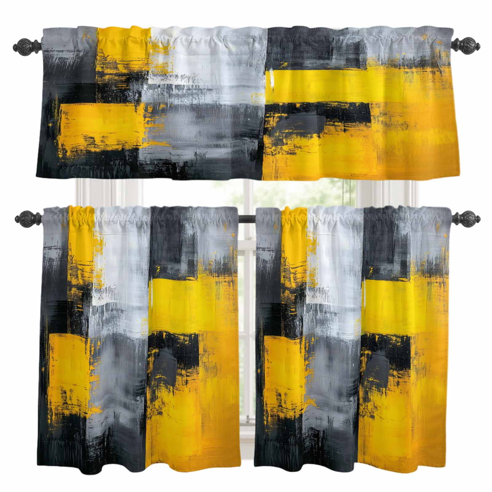 3 Piece Abstract Color Block Kitchen Curtain Valance and Tiers Set ...