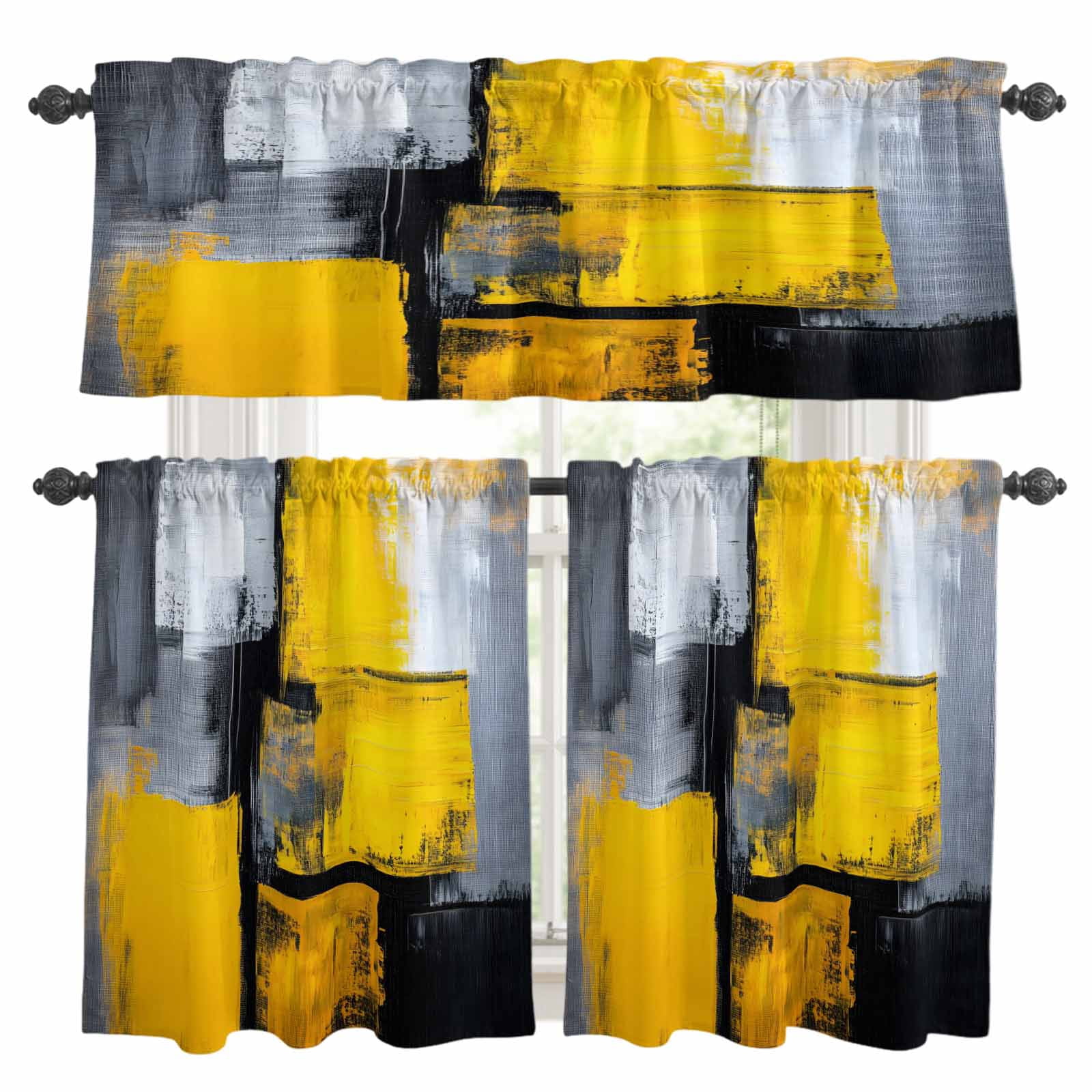 3 Piece Abstract Color Block Kitchen Curtain Valance and Tiers Set ...