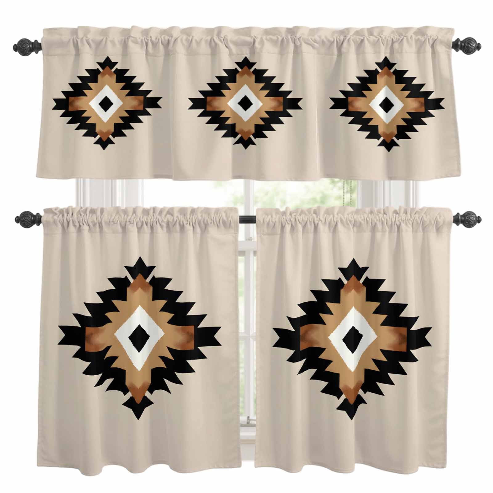 3 Piece Abstract Ethnic Kitchen Curtain Valance and Tiers Set Vintage ...