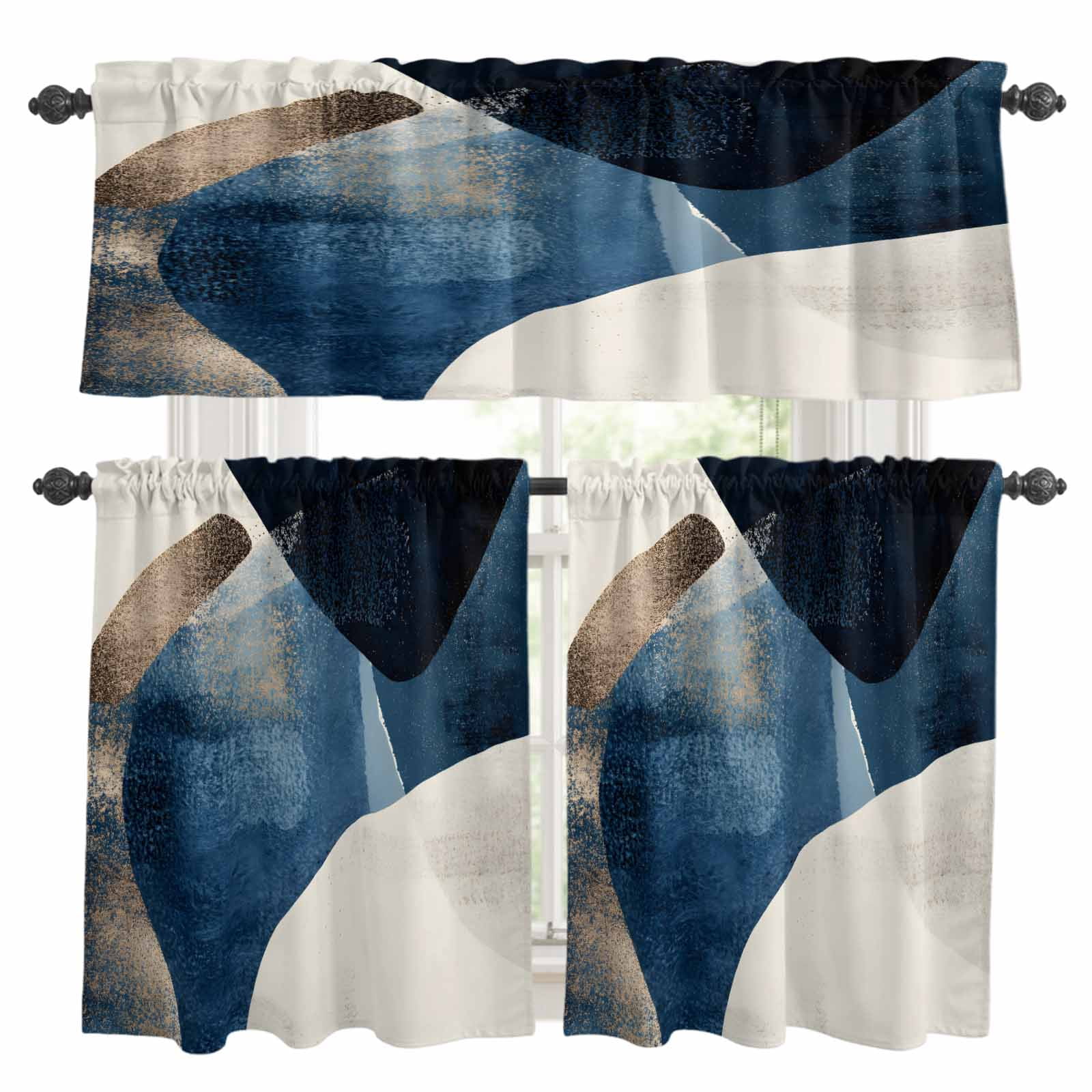 3 Piece Abstract Geometric Kitchen Curtain Valance and Tiers Set Blue ...