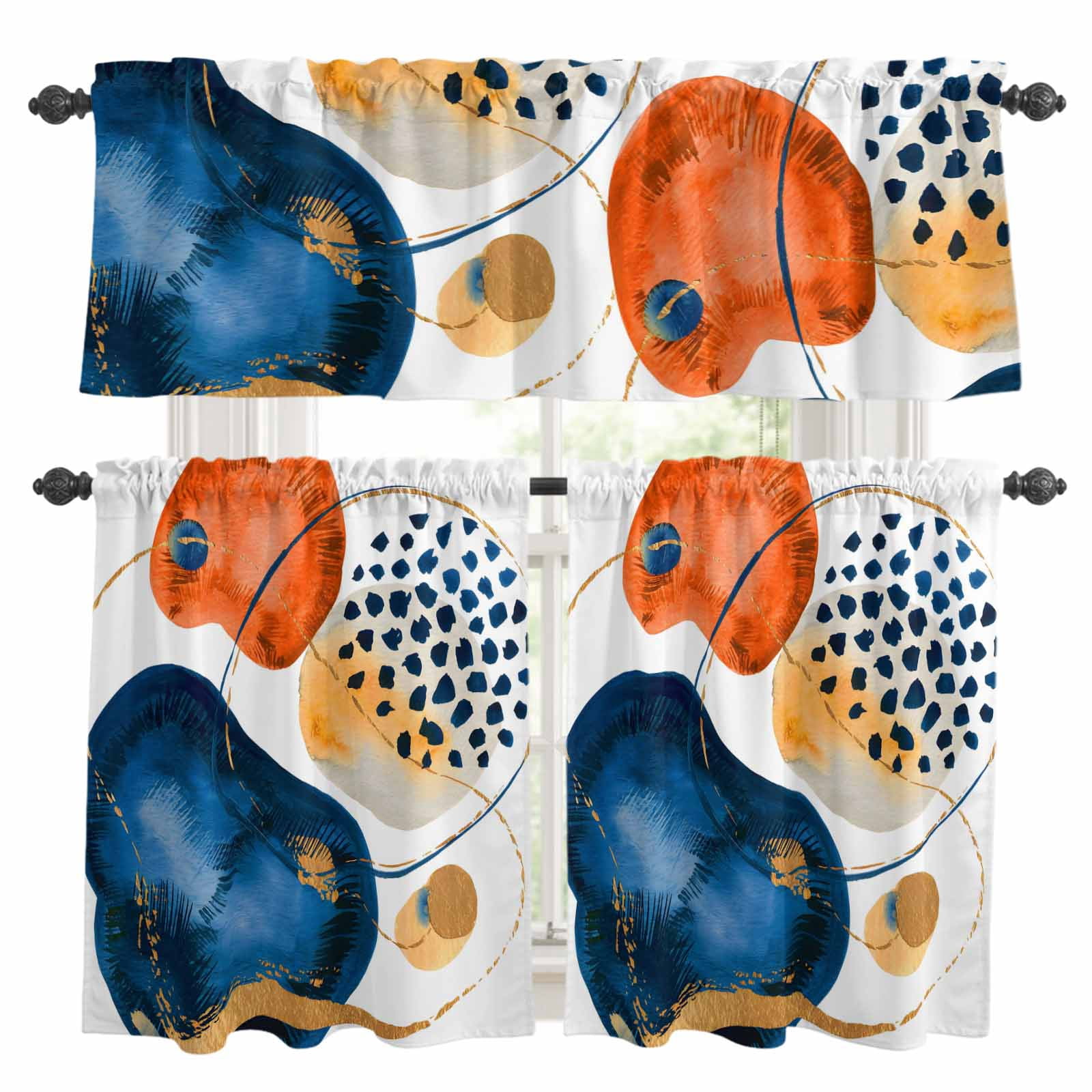 3 Piece Abstract Geometric Kitchen Curtain Valance and Tiers Set Blue ...