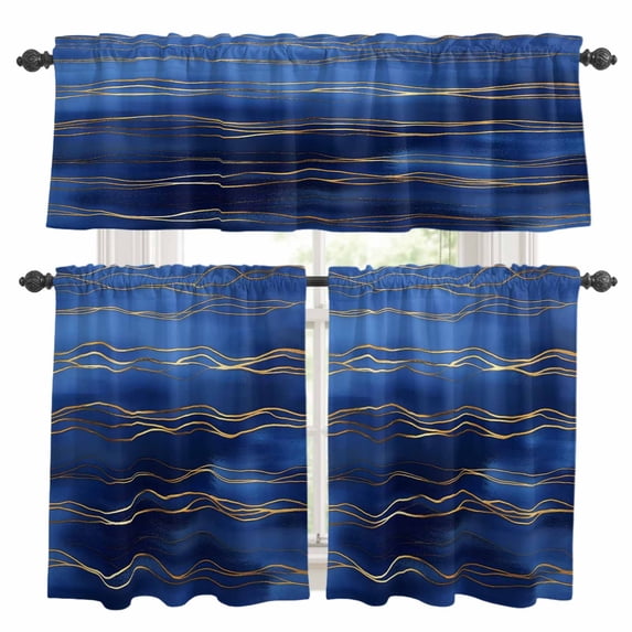 3 Piece Abstract Golden Kitchen Curtain Valance and Tiers Set Water ...