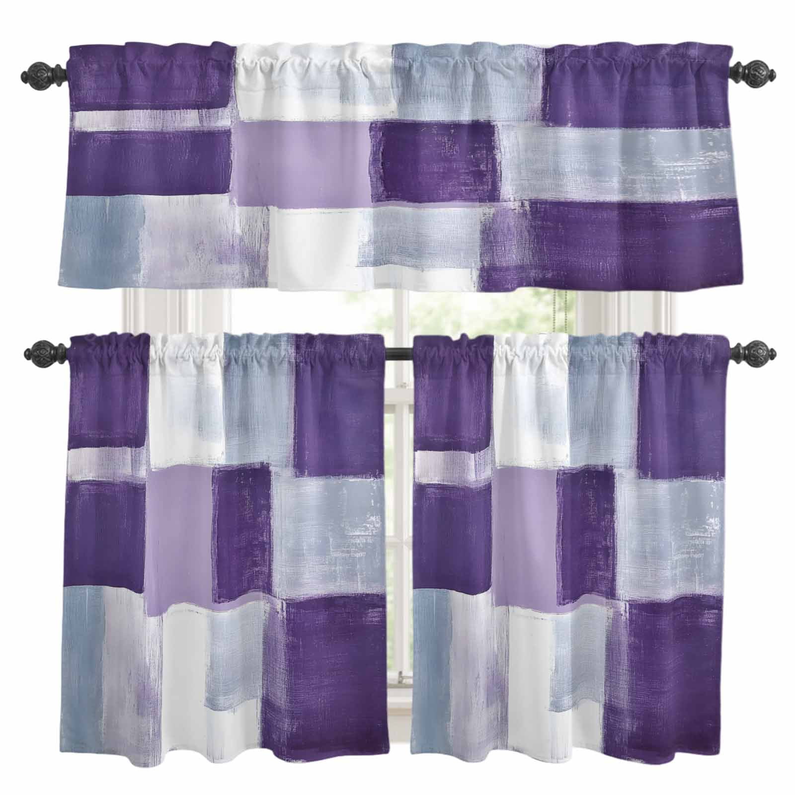 3 Piece Abstract Gray Kitchen Curtain Valance and Tiers Set Purple ...