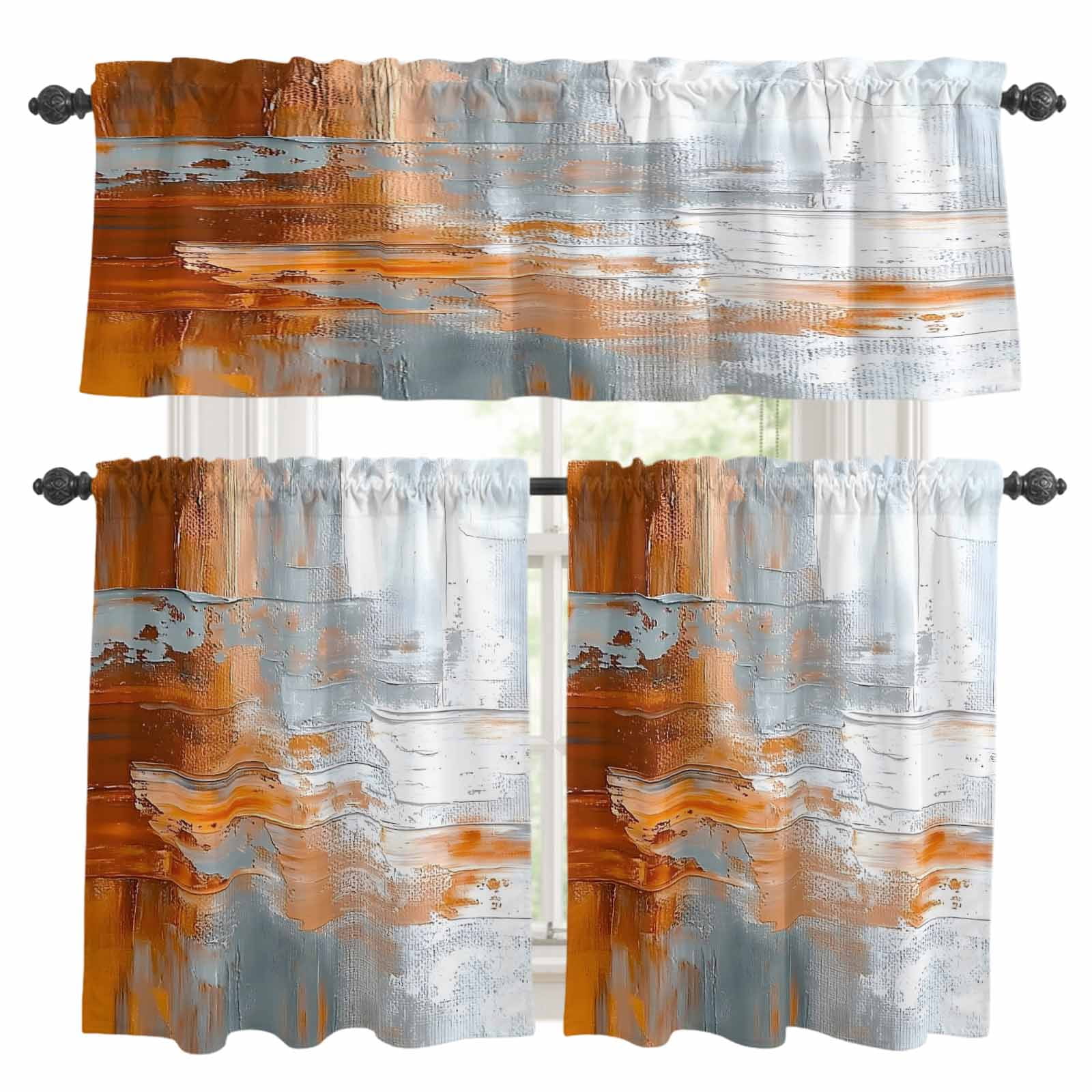 3 Piece Abstract Gray Ombre Kitchen Curtain Valance and Tiers Set Oil ...