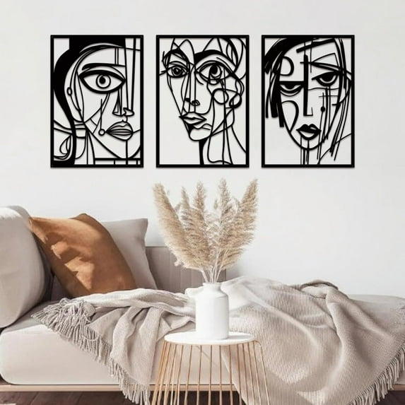 3-Piece Abstract Human Face Metal Wall Sculpture Wall Decor Single Line ...