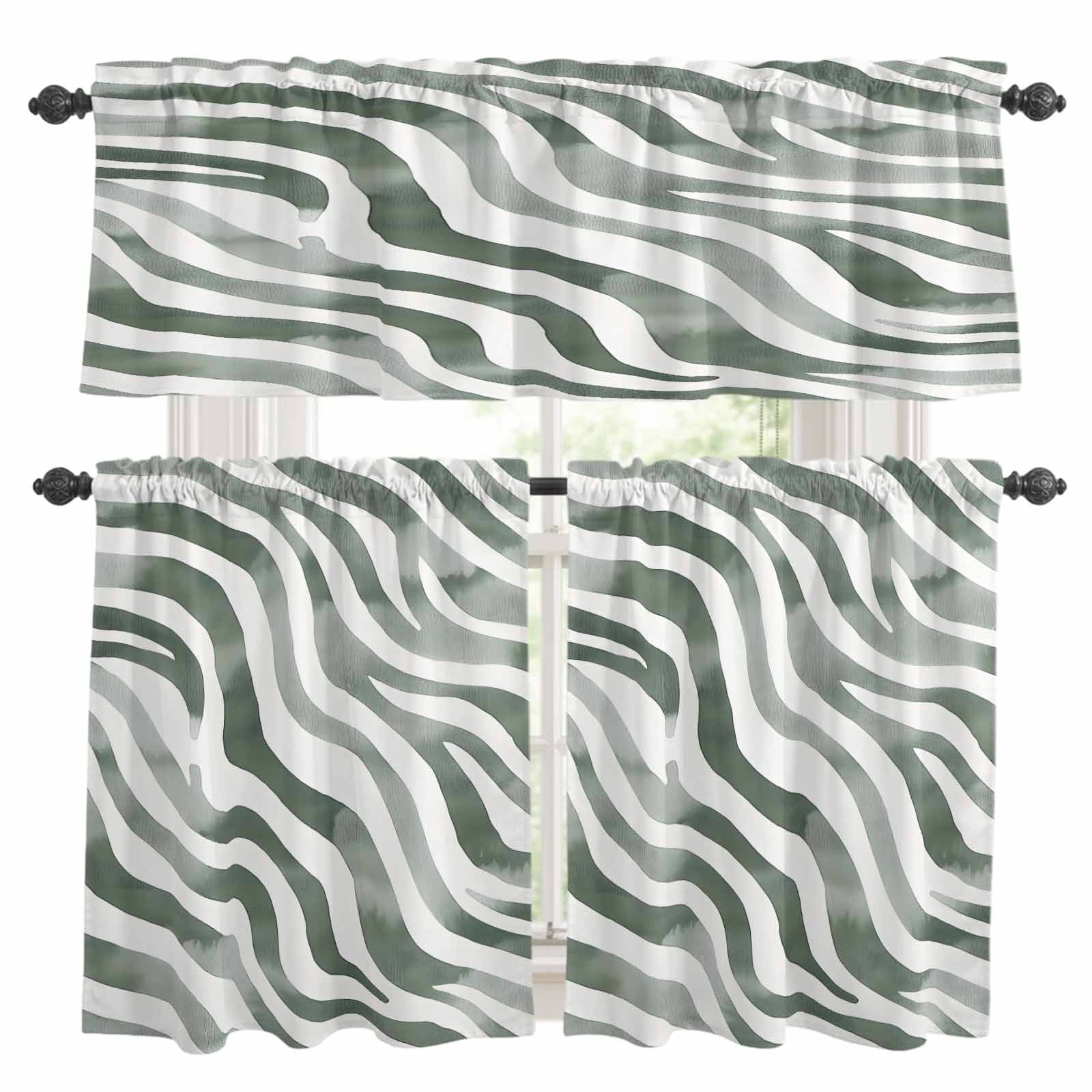 3 Piece Abstract Lines Kitchen Curtain Valance and Tiers Set White ...