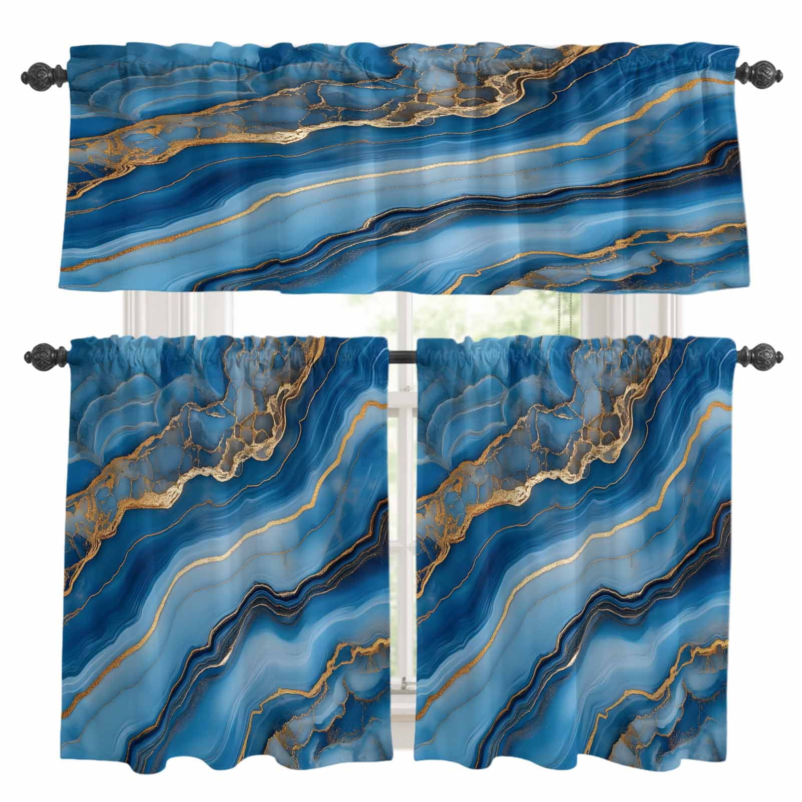 3 Piece Abstract Marble Kitchen Curtain Valance and Tiers Set Blue ...