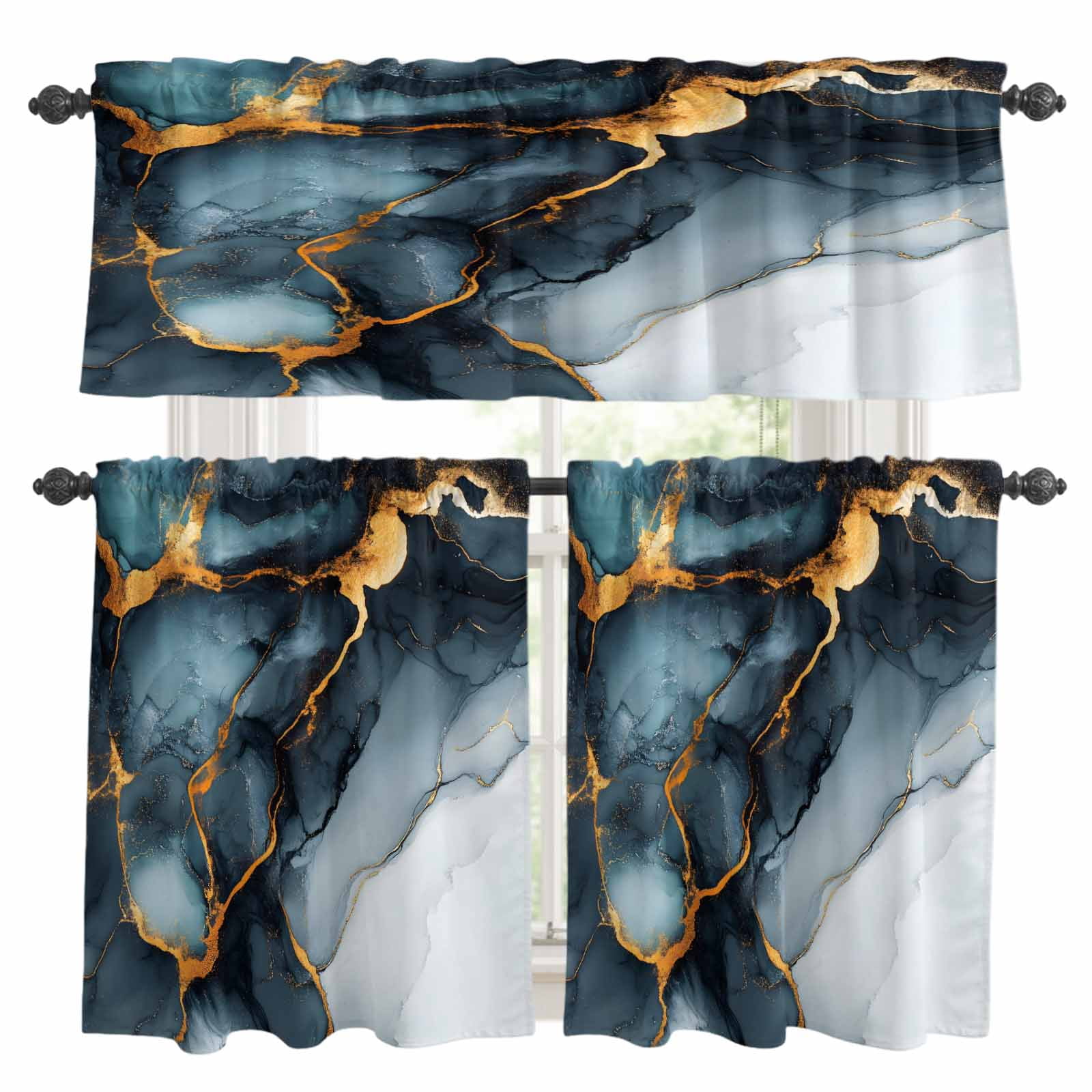 3 Piece Abstract Marble Kitchen Curtain Valance and Tiers Set Water ...