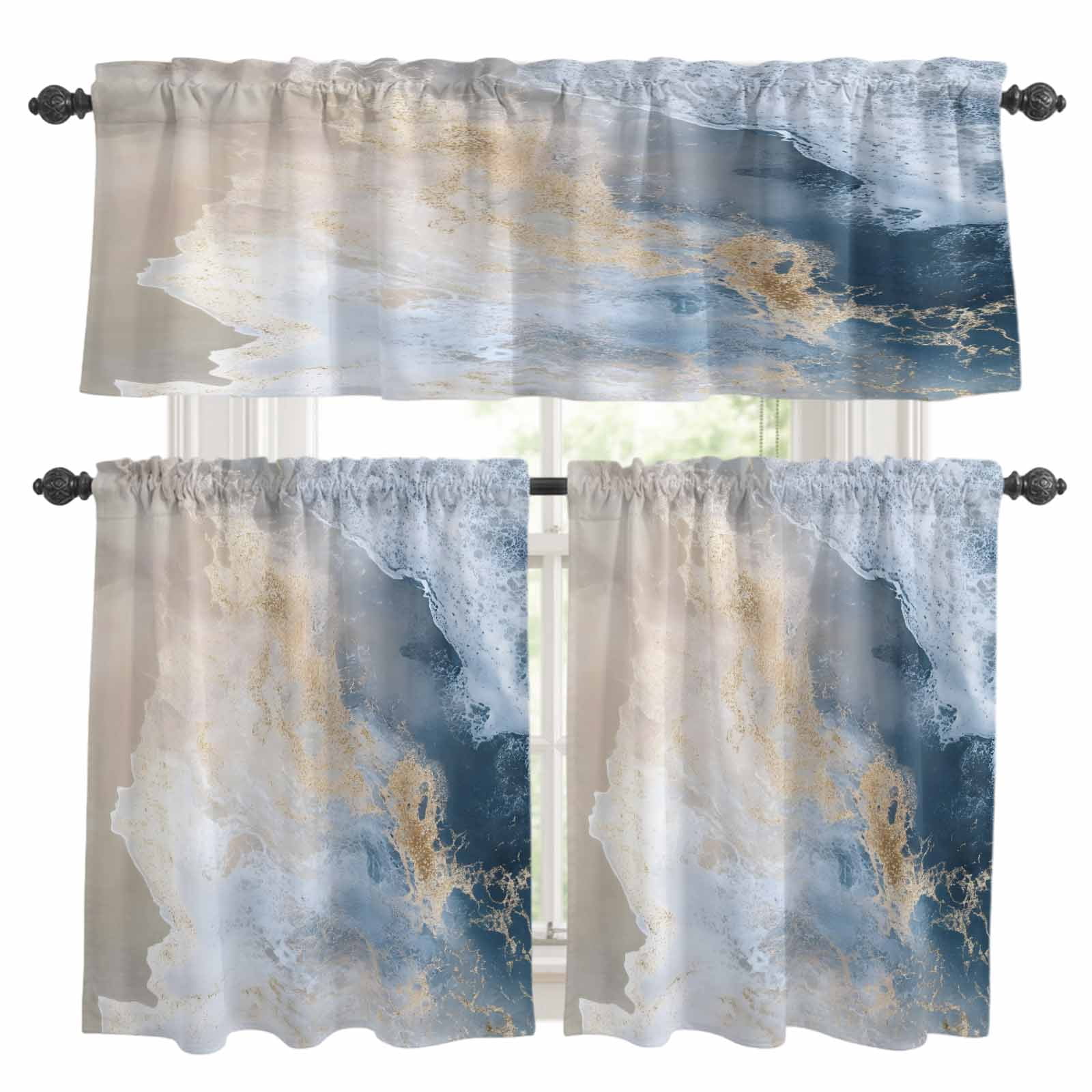 3 Piece Abstract Marble Texture Kitchen Curtain Valance and Tiers Set ...