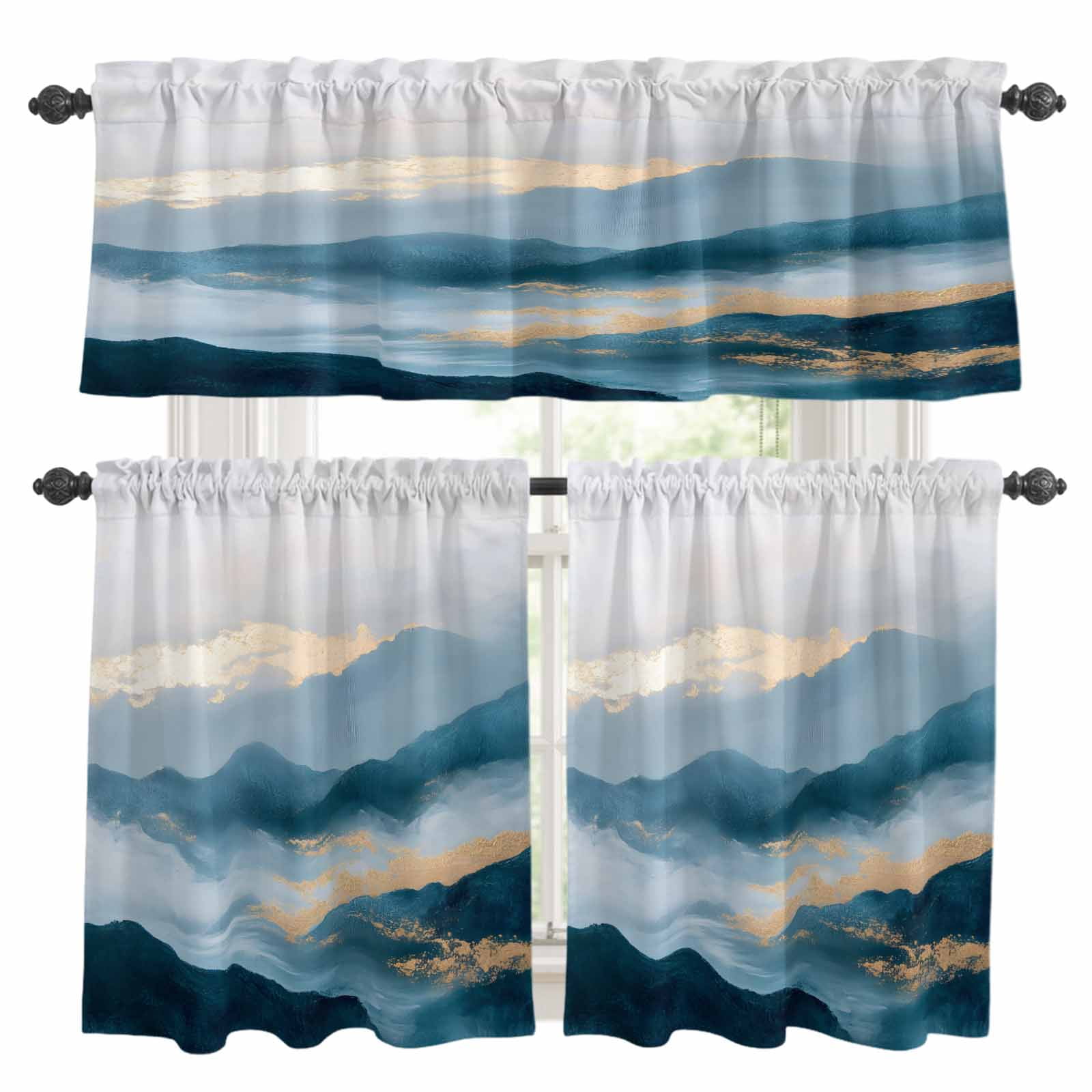 3 Piece Abstract Marble Texture Kitchen Curtain Valance and Tiers Set ...