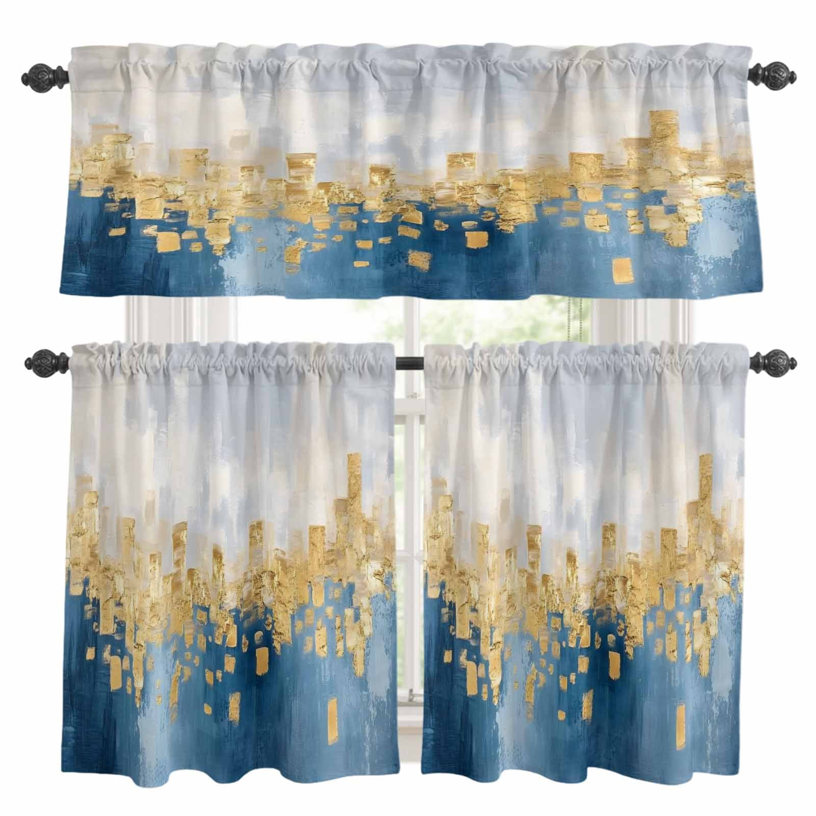 3 Piece Abstract Modern Art Kitchen Curtain Valance and Tiers Set Blue ...