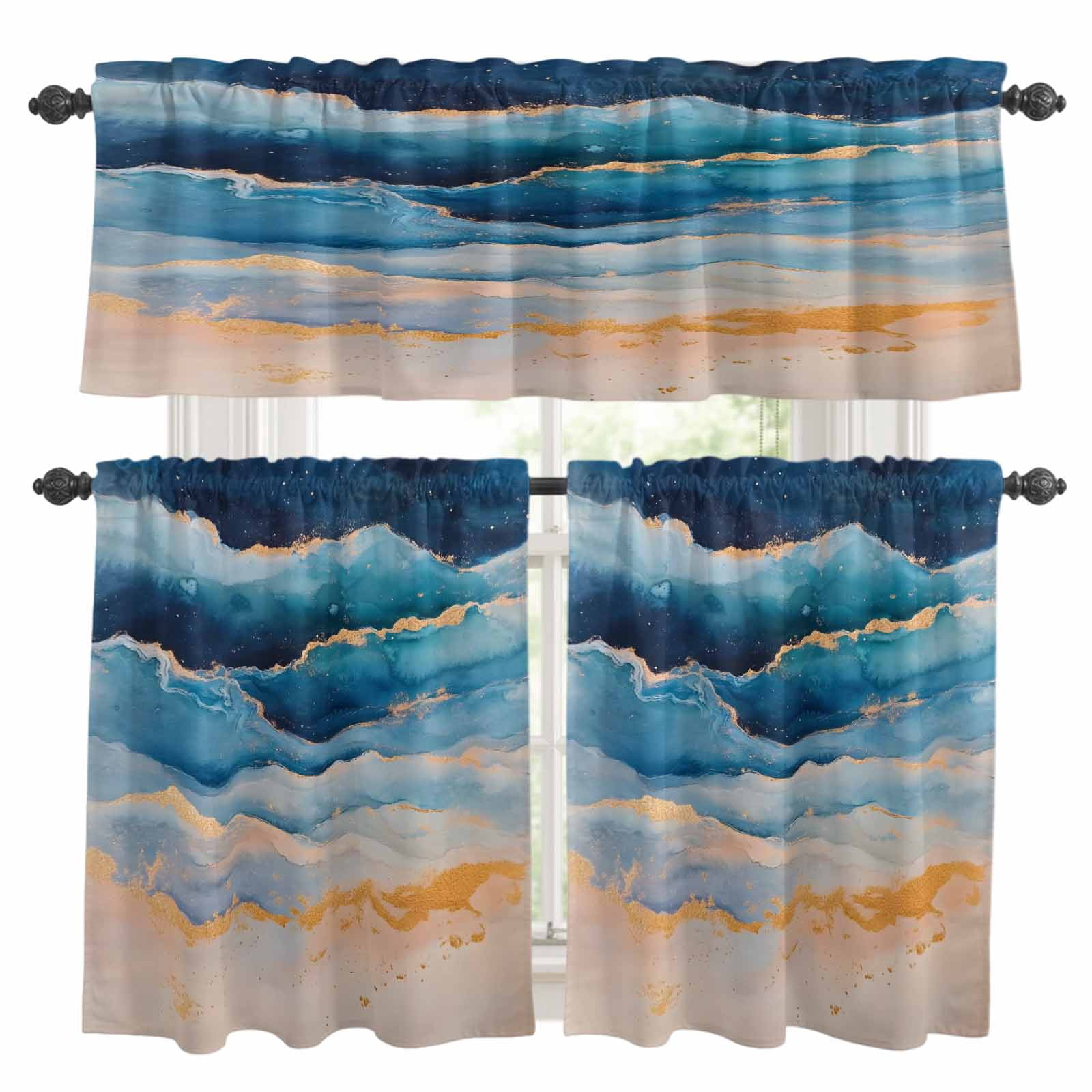 3 Piece Abstract Ocean Kitchen Curtain Valance and Tiers Set Gradient ...
