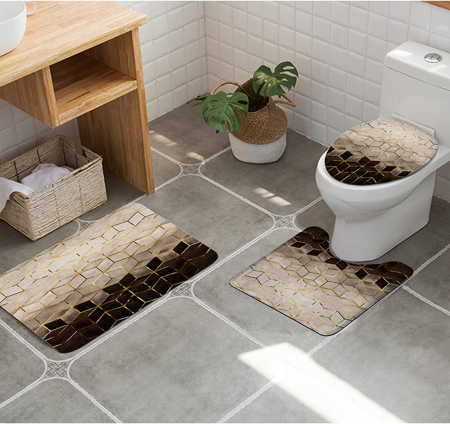 3 Piece Abstract Ombre Brown Black Marble Bathroom Rug Set Geometric ...