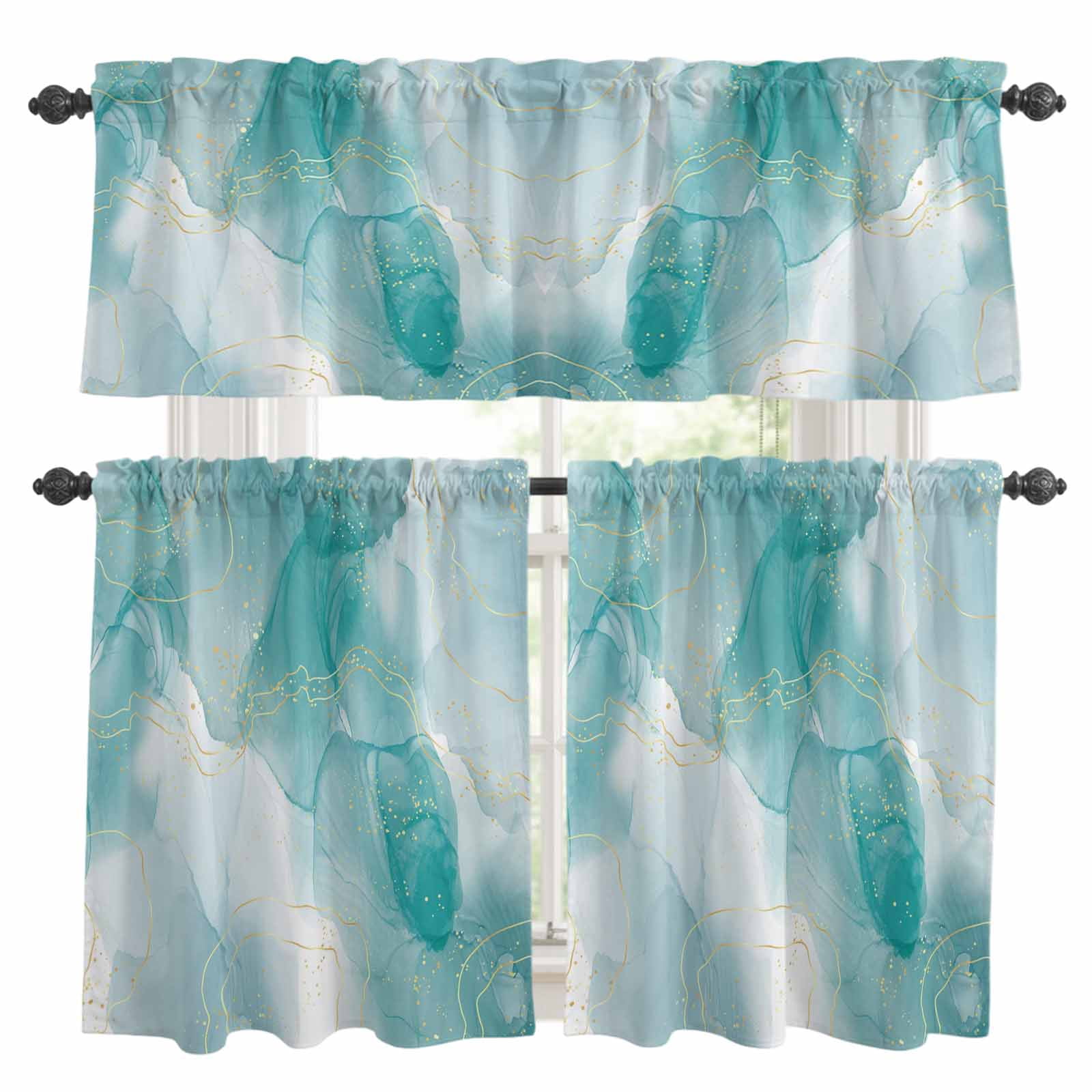 3 Piece Abstract Ombre Kitchen Curtain Valance and Tiers Set Green ...