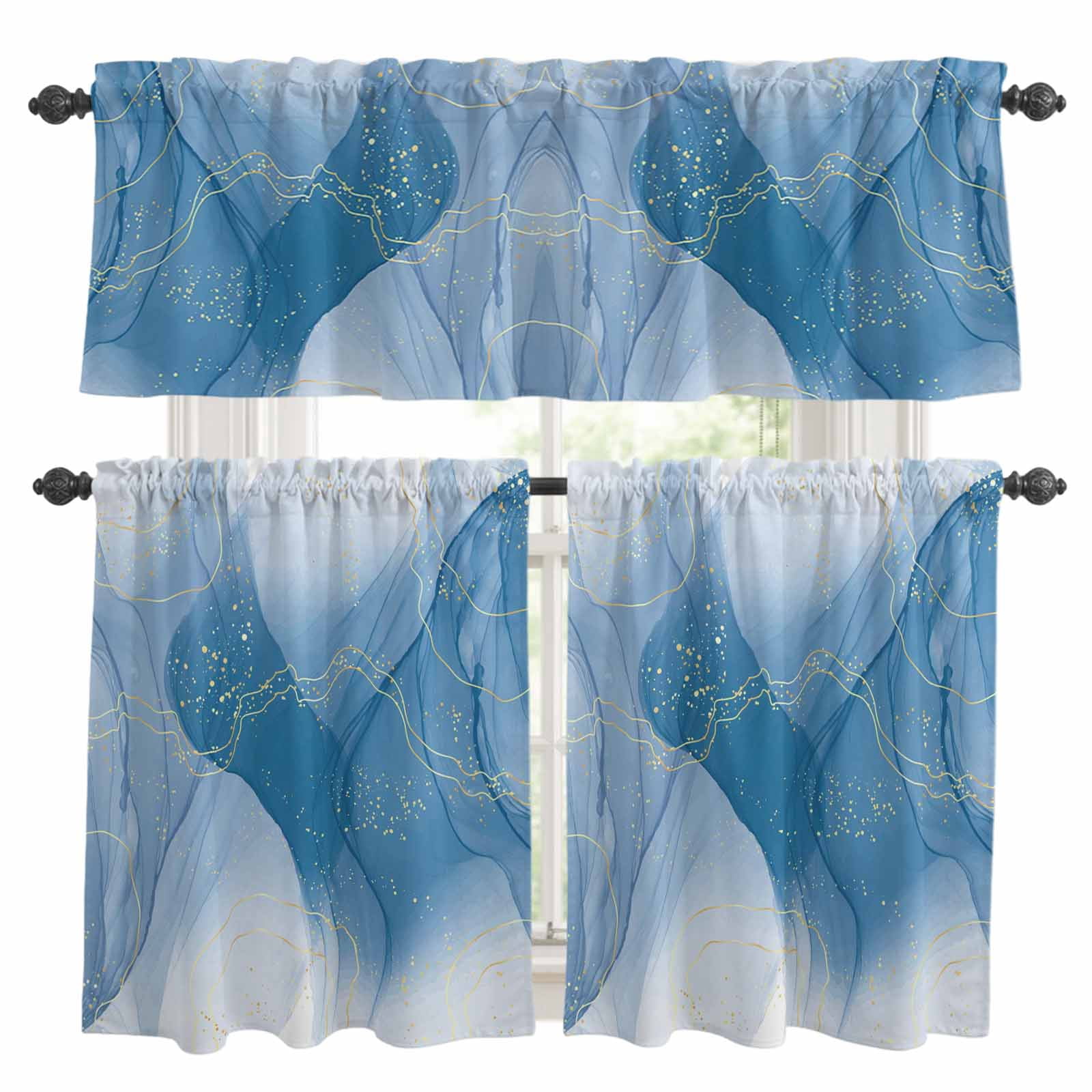 3 Piece Abstract Ombre Kitchen Curtain Valance and Tiers Set Light Blue ...