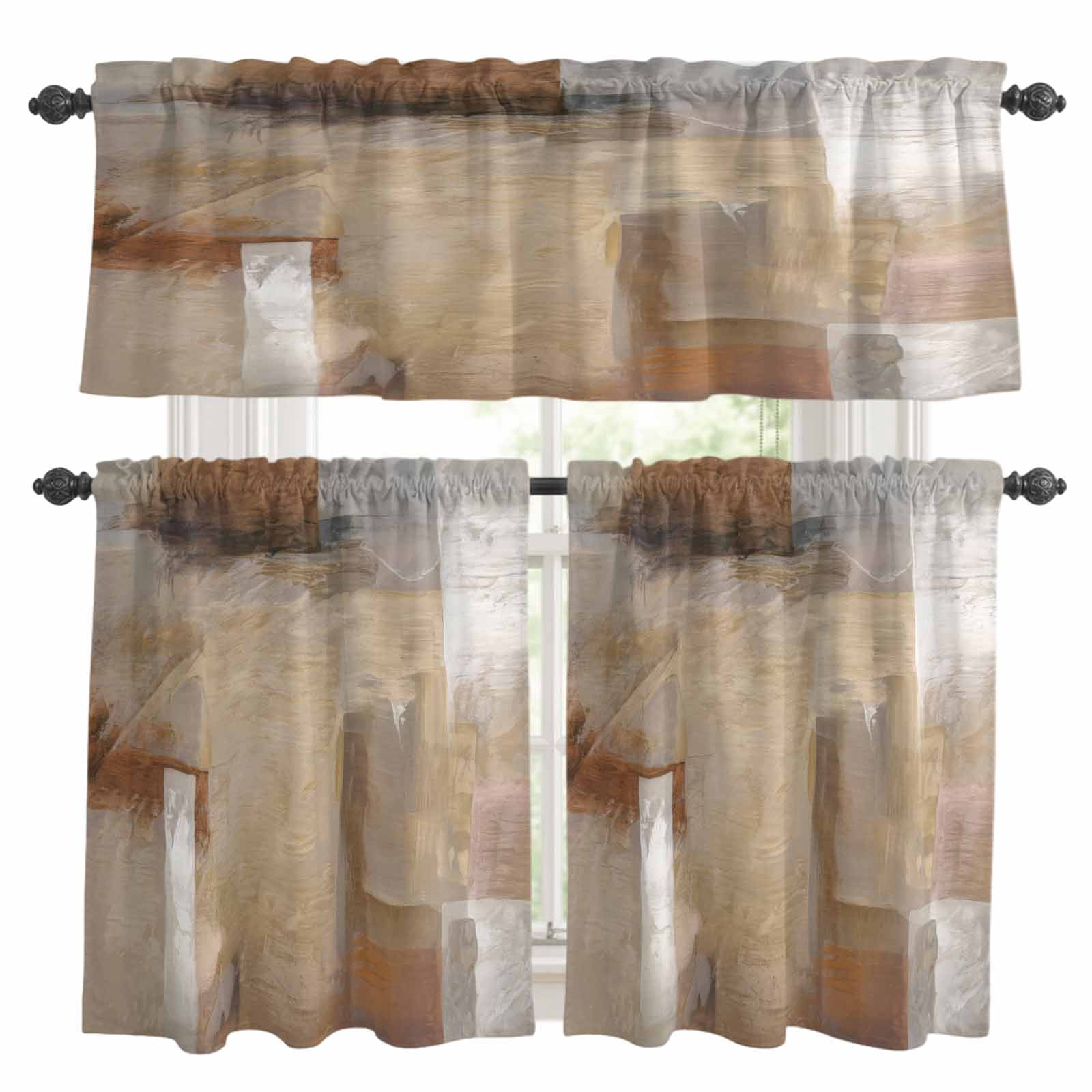 3 Piece Abstract Paint Art Kitchen Curtain Valance and Tiers Set Retro ...