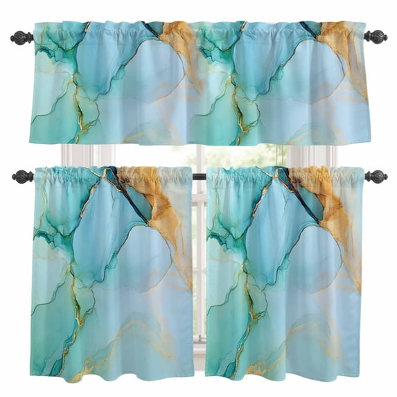 3 Piece Abstract Teal Kitchen Curtain Valance and Tiers Set Green Gold ...