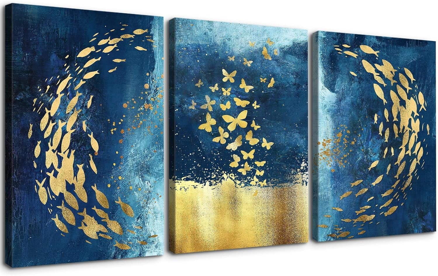 3 Piece Abstract Wall Art Gold Fish and Butterfly Paintings Blue Wall ...
