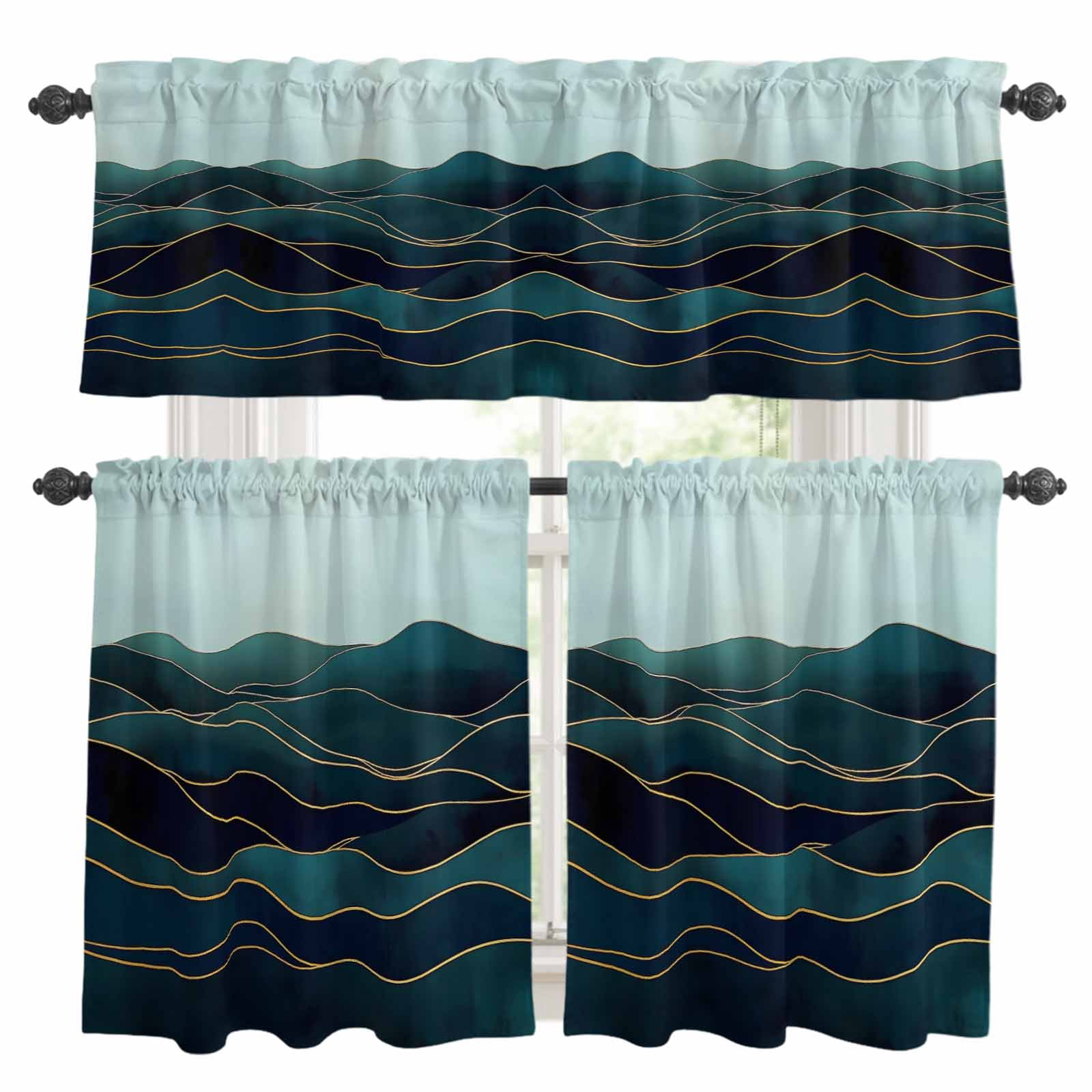 3 Piece Abstract Waves Kitchen Curtain Valance and Tiers Set Geometric ...