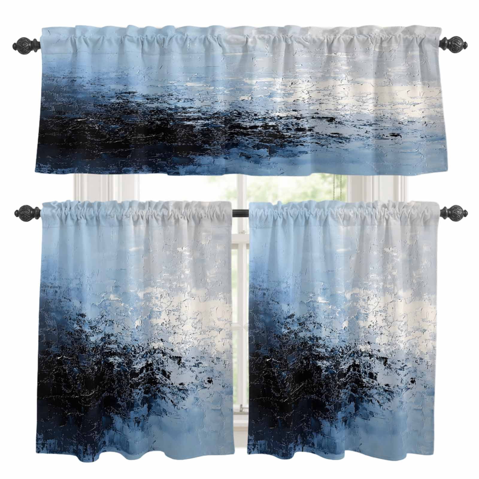 3 Piece Abstract White Ombre Blue Kitchen Curtain Valance and Tiers Set ...