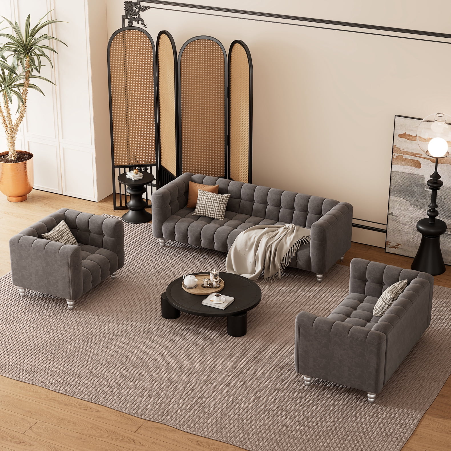 3-Piece Accent Sofa Couch Set, Dutch Fluff Upholstered Sofa with Solid ...