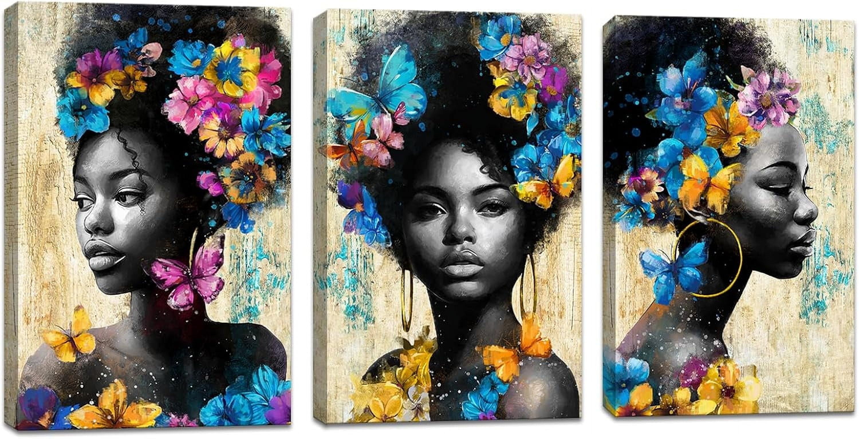 3 Piece African American Wall Art Beautiful Black Women Painting Blue Flower Pictures Butterfly ...