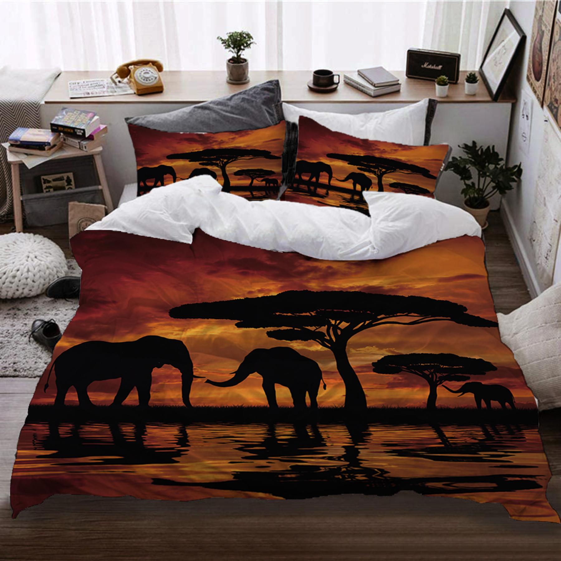 3-Piece African Sunset Duvet Cover Set with Elephant Silhouettes ...