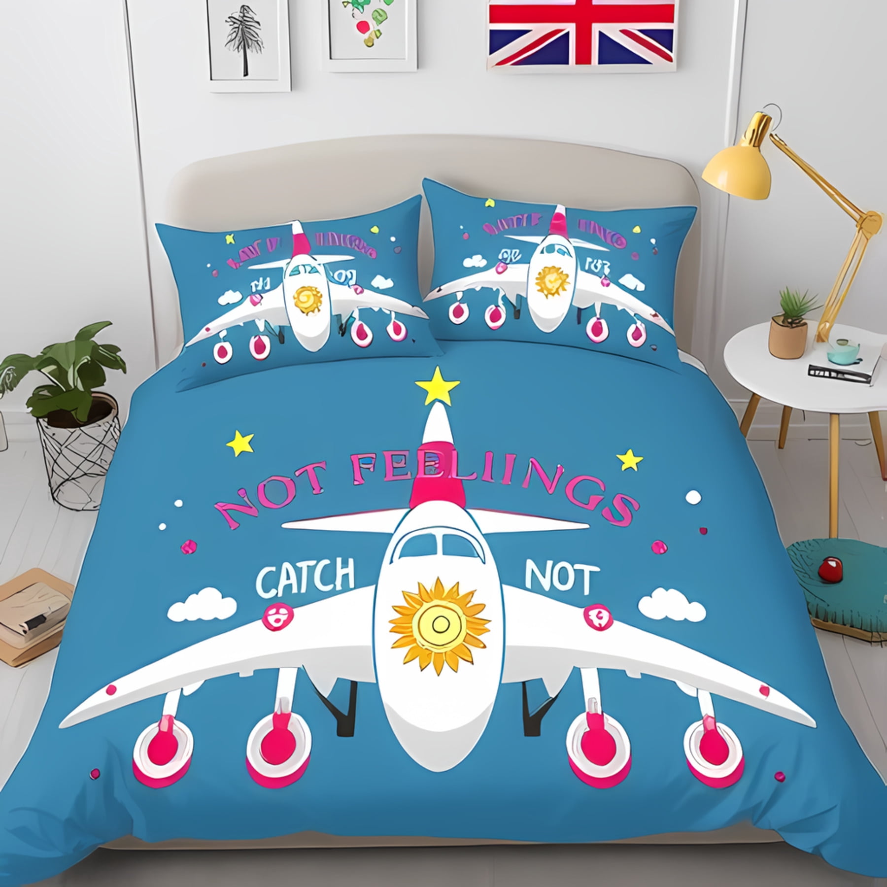 3-Piece Airplane Duvet Cover Set - Bright Blue & White Bedding with ...