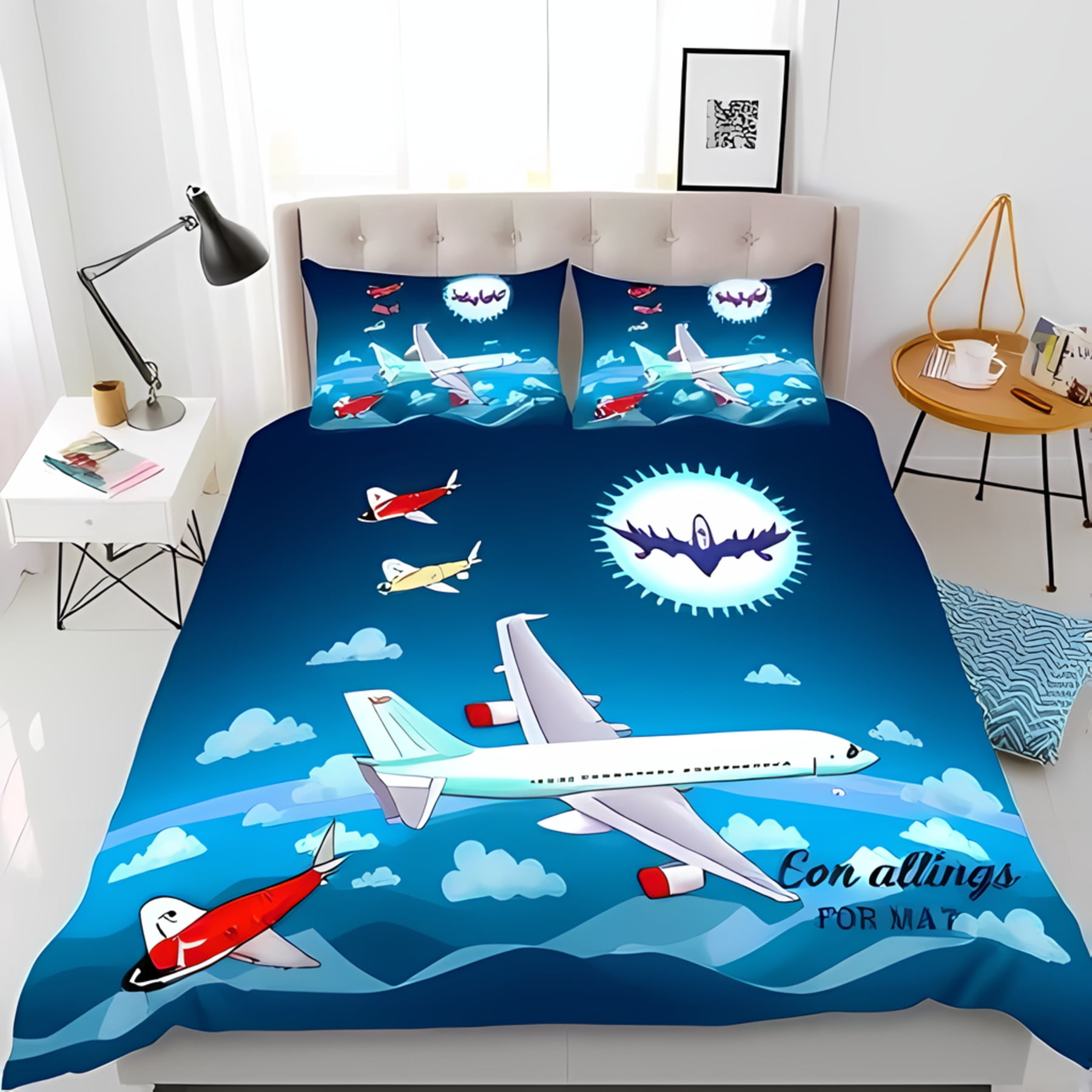 3-Piece Airplane Duvet Cover Set - Vibrant Blue Bedding with Jet Design ...