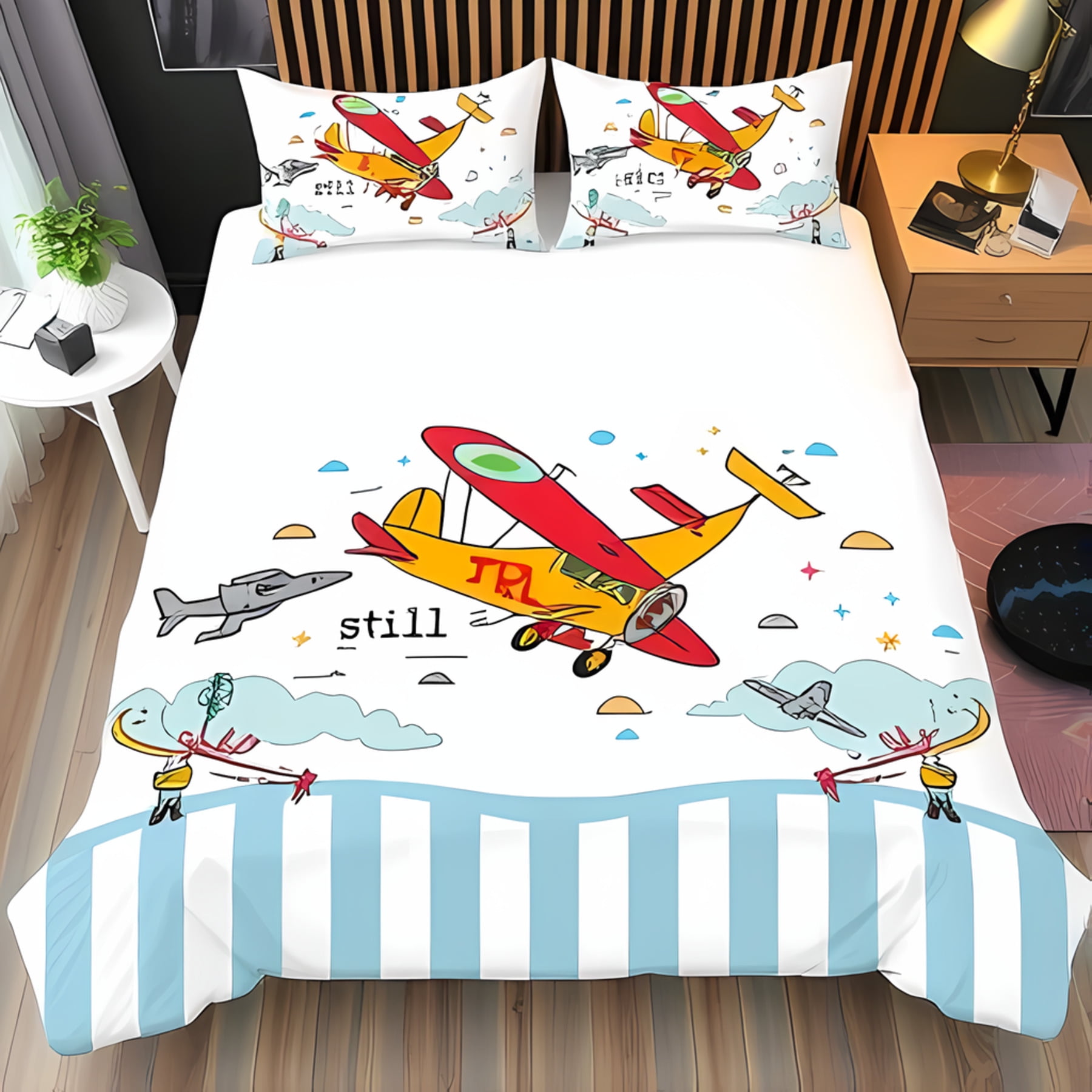 3-Piece Airplane Duvet Cover Set Whimsical Red & Yellow Plane Design ...