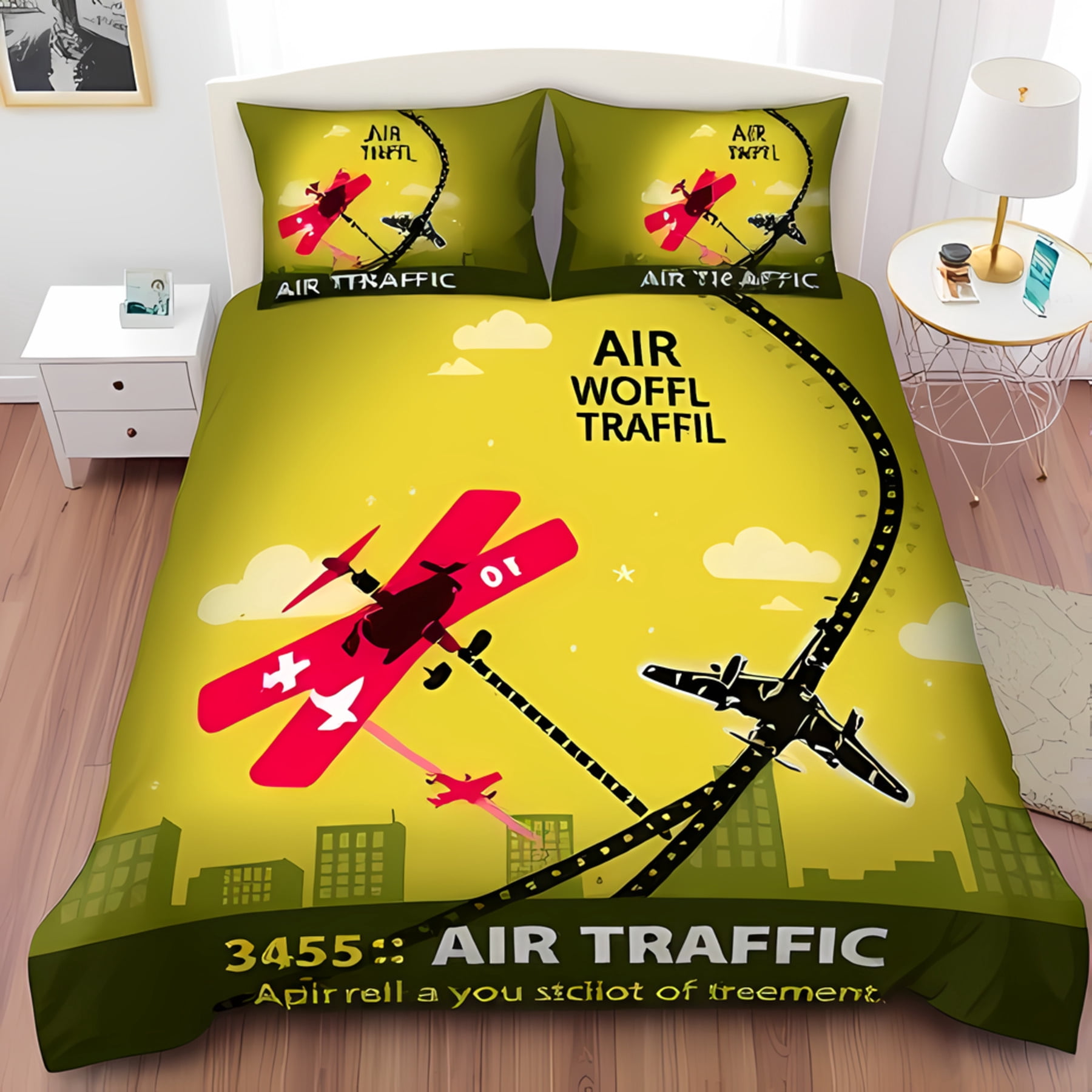 3-Piece Airplane Duvet Cover Set - Yellow & Green with Red Airplane ...