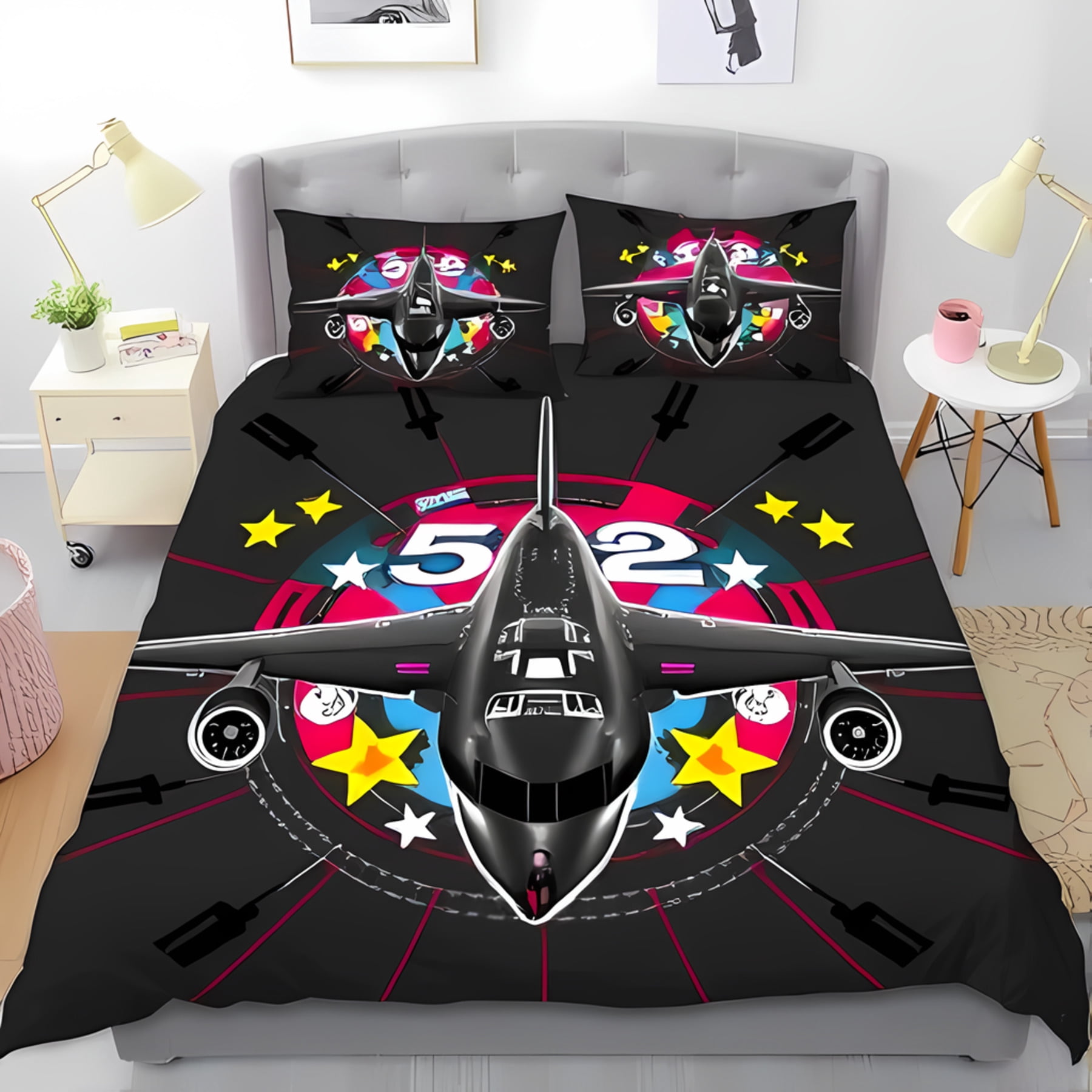 3-Piece Airplane Duvet Cover Set with Bold Stars & Whimsical Motifs on ...